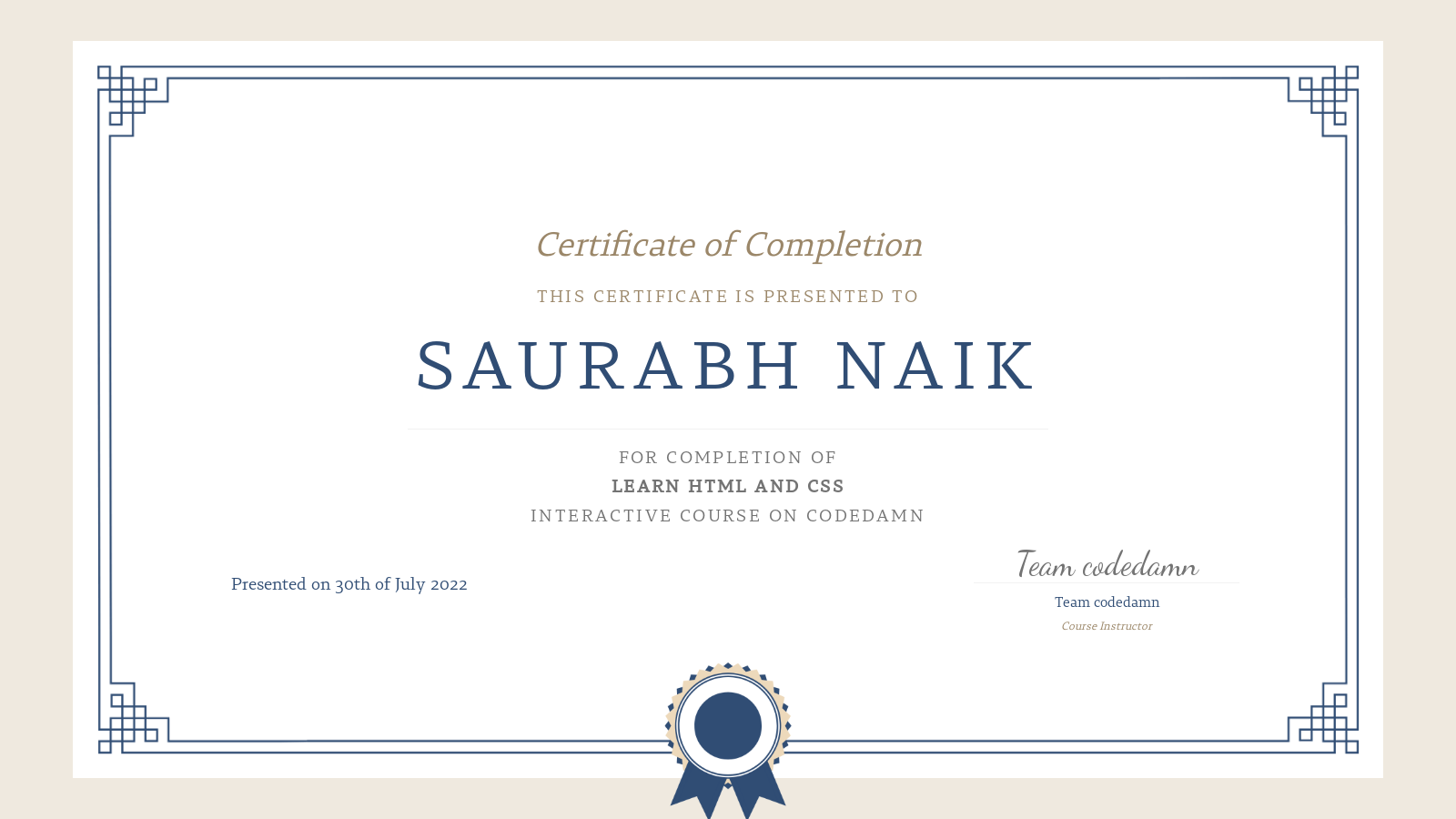 Saurabh Naiks Certification For Learn Html And Css 2023 Ready Codedamn 4325