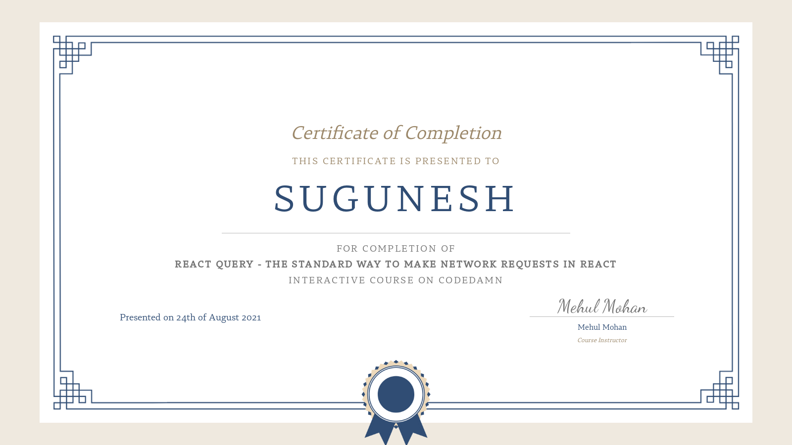 Suguneshs Certification For React Query The Standard Way To Make Network Requests In React 