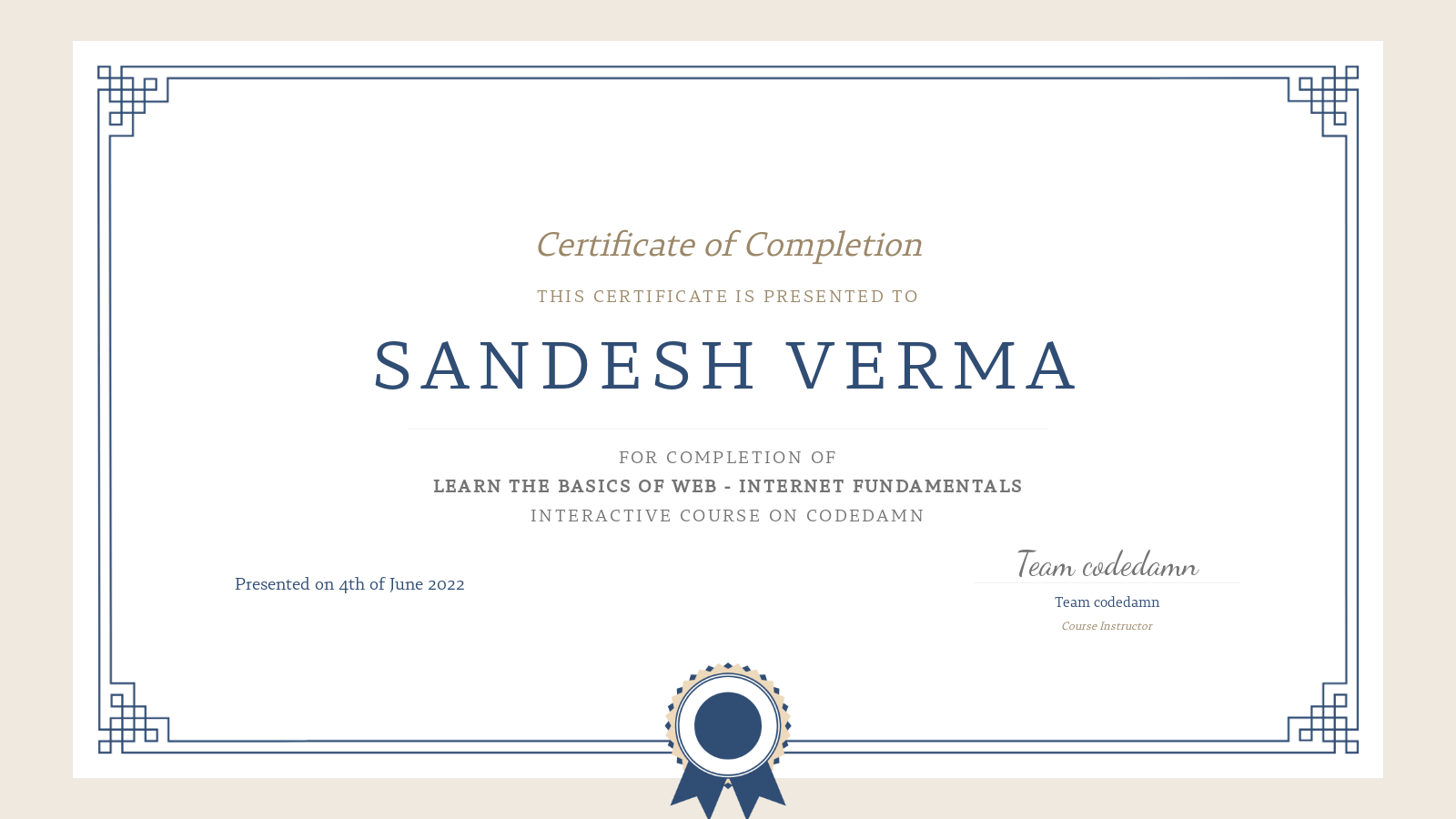 Sandesh Vermas Certification For Learn The Basics Of Web Internet Fundamentals Codedamn 5669