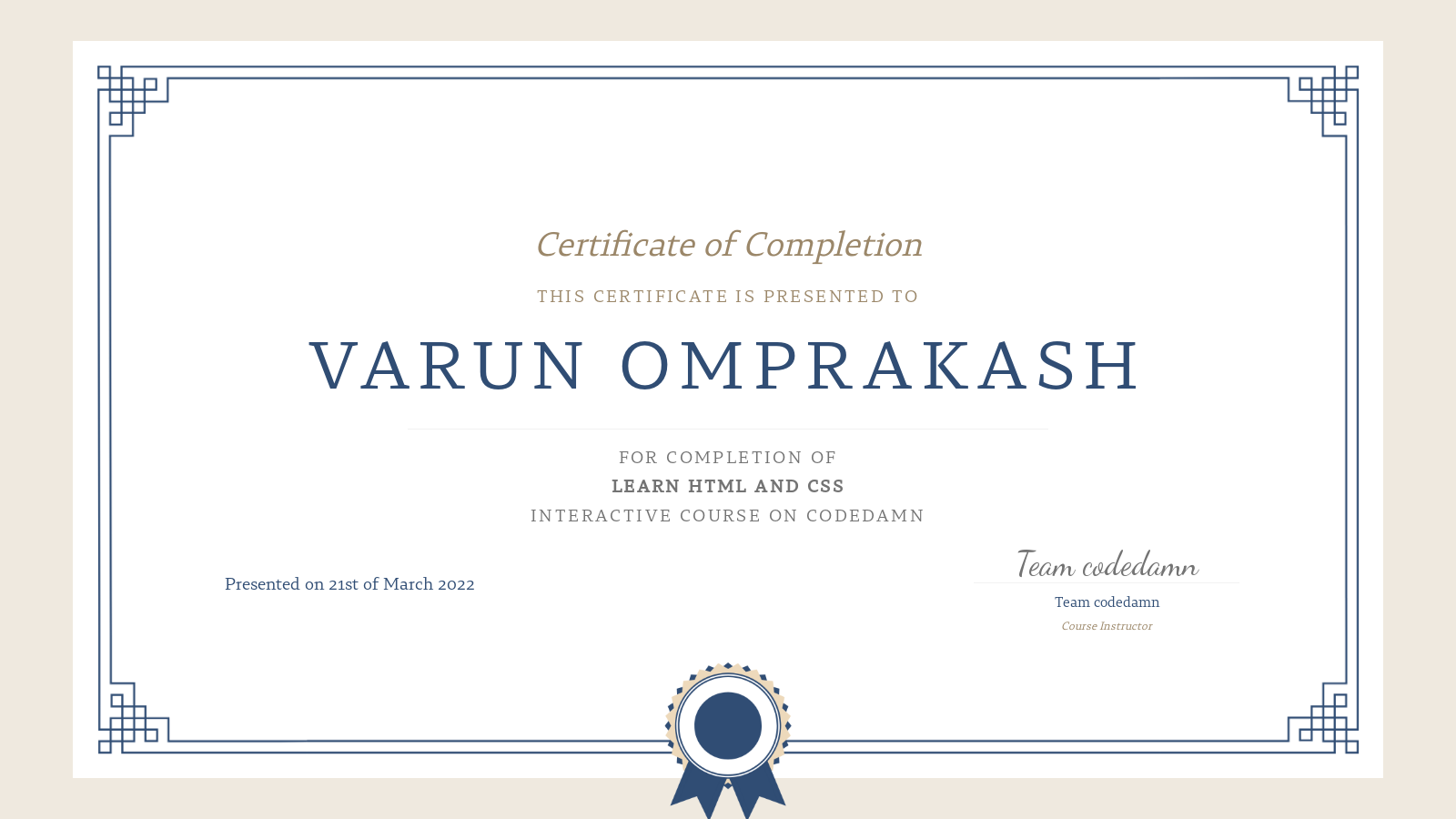 Varun Omprakash's certification for Learn HTML and CSS [2023 Ready] | codedamn