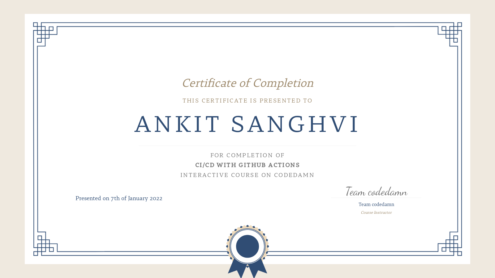 Ankit Sanghvi's certification for CI/CD With GitHub Actions | codedamn