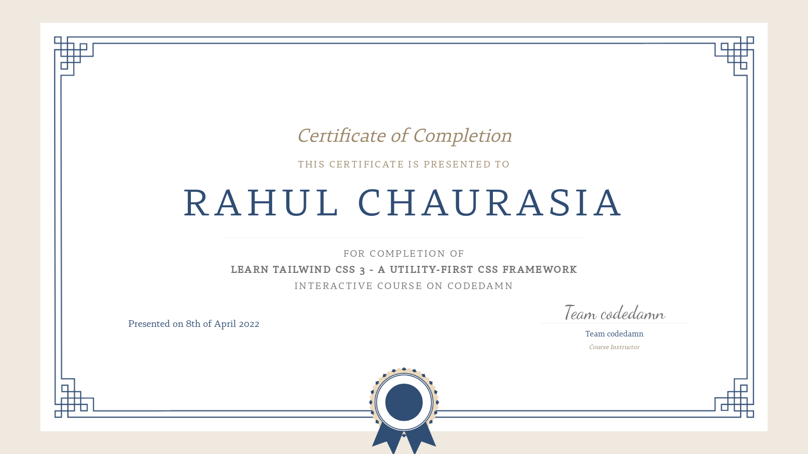 Rahul Chaurasia's certification for Learn Tailwind CSS 3 - A utility-first CSS framework | codedamn