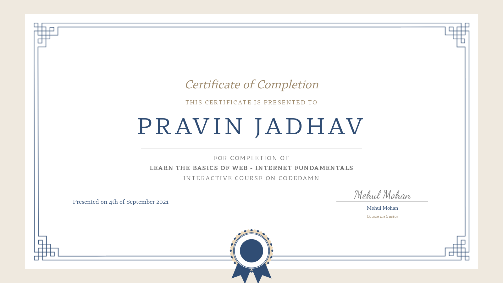 Pravin Jadhav's certification for Learn the basics of web - Internet fundamentals | codedamn