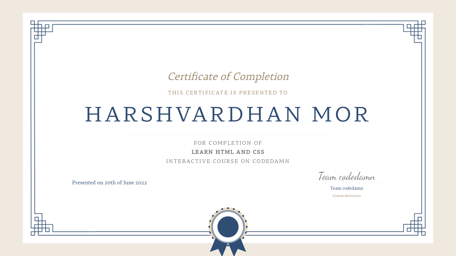 Harshvardhan Mors Certification For Learn Html And Css Codedamn