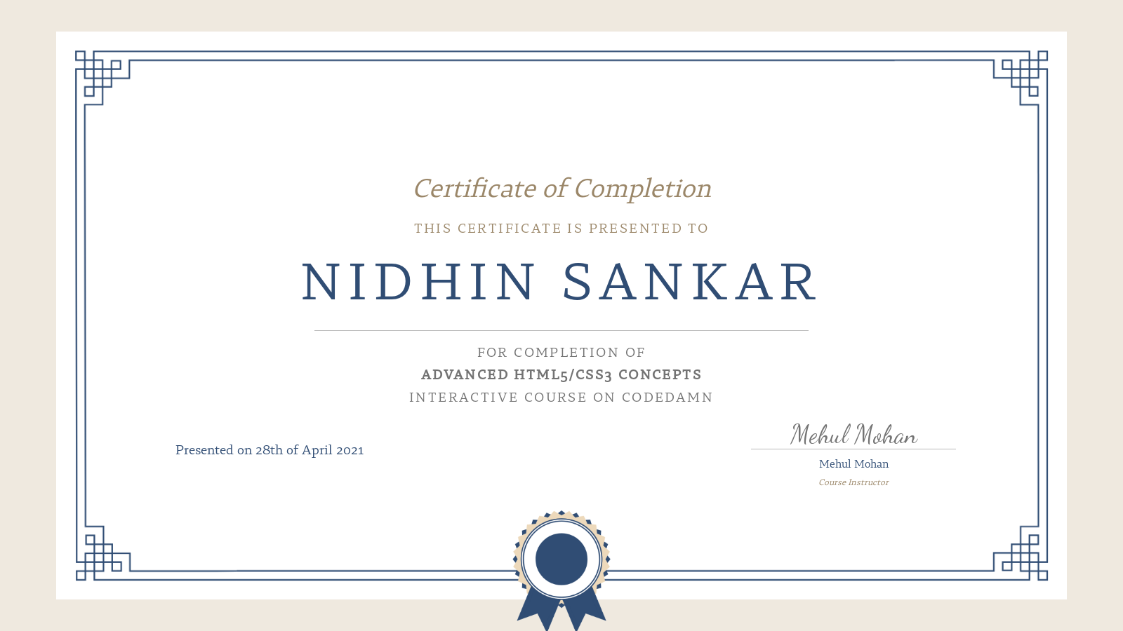nidhin sankar's certification for Learn Advanced HTML and CSS Concepts [Updated - 2024] | codedamn