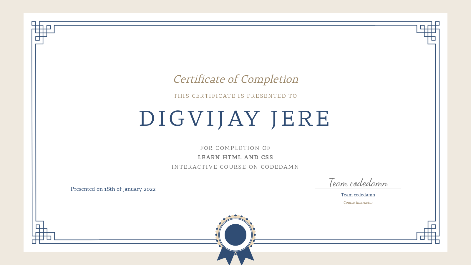 Digvijay Jere's certification for Learn HTML and CSS [2023 Ready] | codedamn