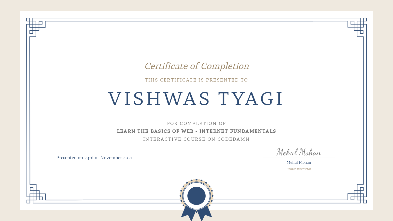 Vishwas Tyagi's certification for Learn the basics of web - Internet fundamentals | codedamn