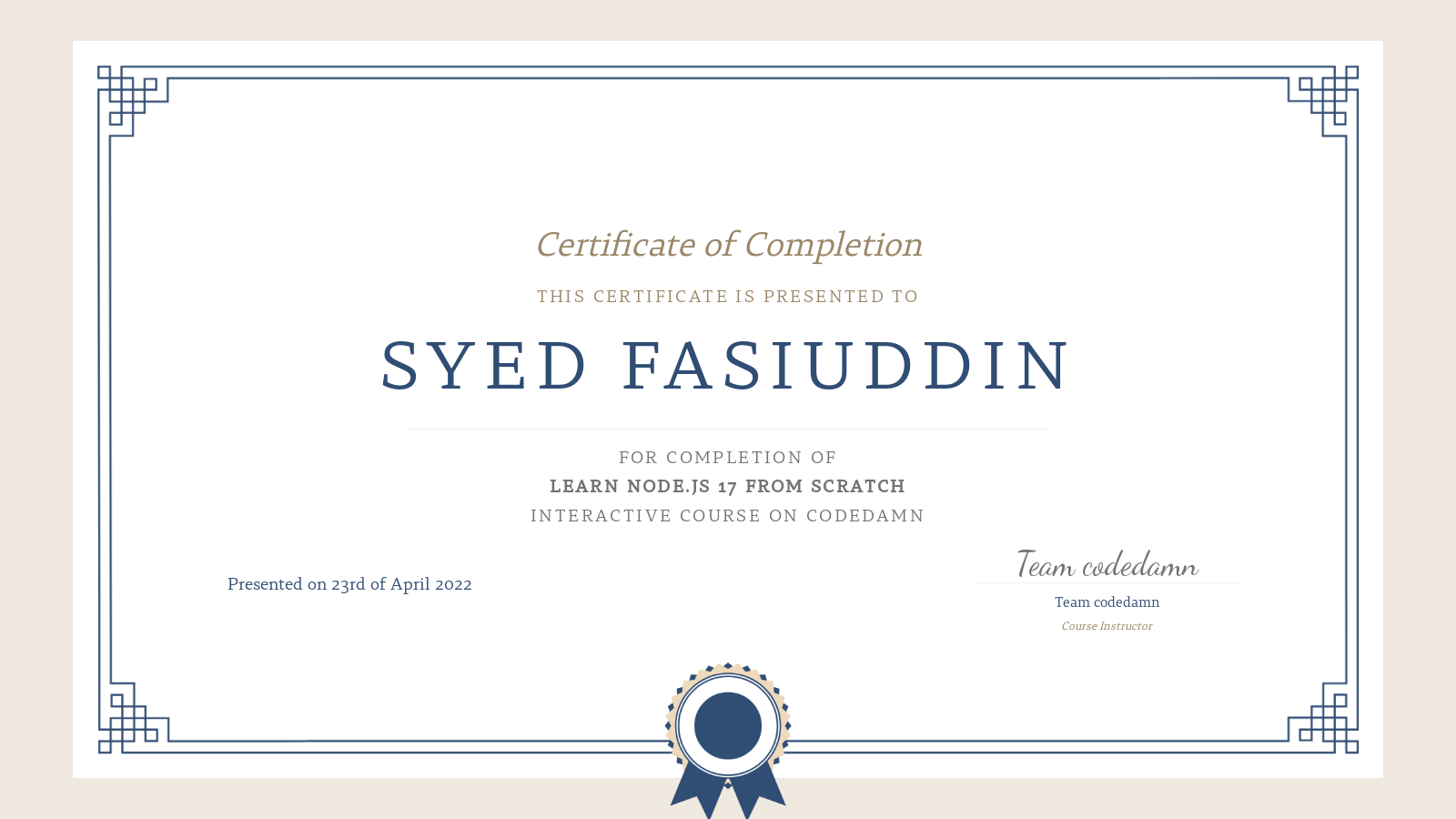 Syed Fasiuddin S Certification For Learn Node Js From Scratch Codedamn