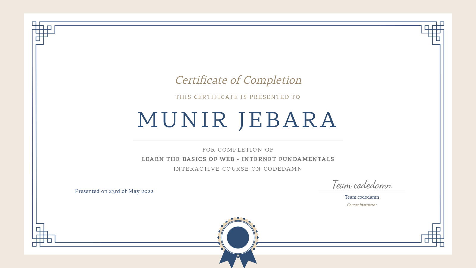 Munir Jebaras Certification For Learn The Basics Of Web Internet Fundamentals Codedamn