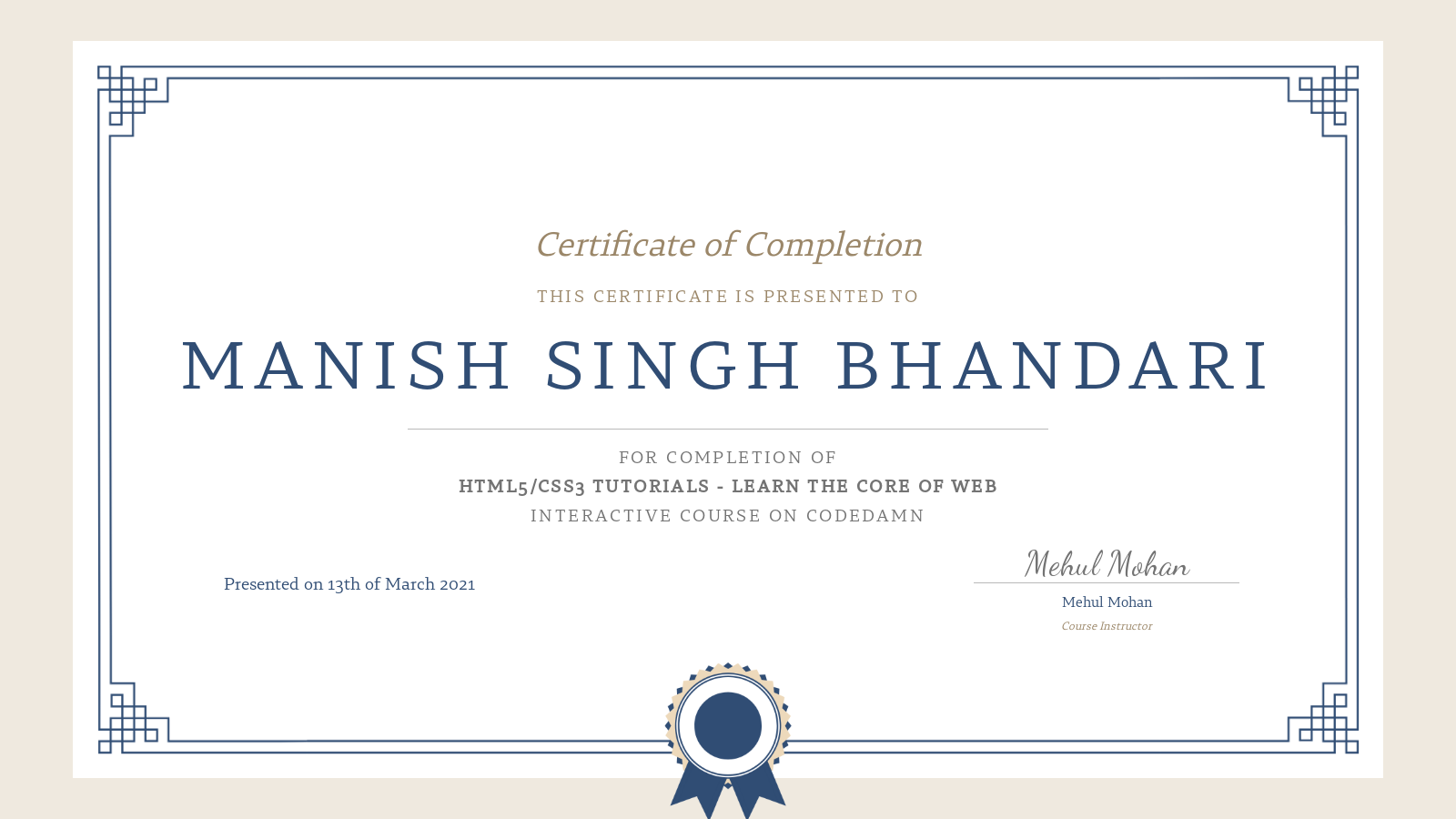 MANISH SINGH BHANDARI's certification for Learn HTML and CSS [2024 Ready] | codedamn