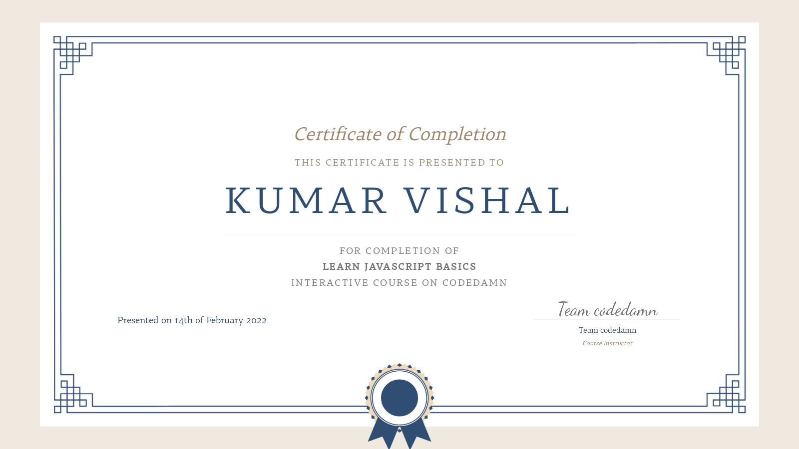 Kumar Vishals Certification For Learn Javascript Basics Codedamn 9296
