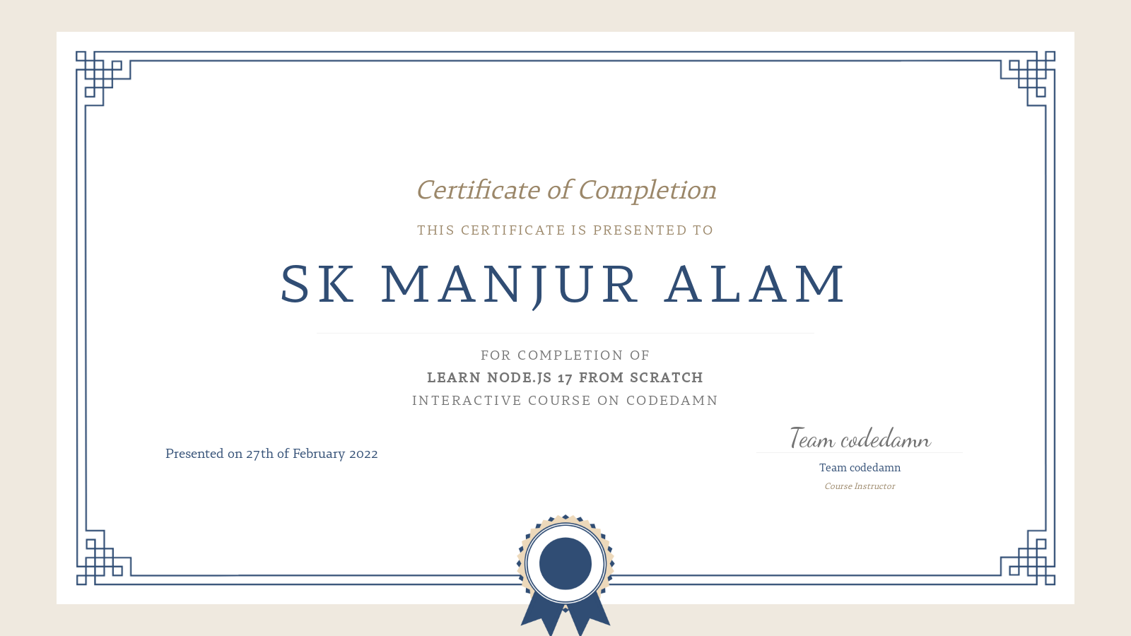 Sk Manjur Alam's certification for Learn Node.js From Scratch | codedamn
