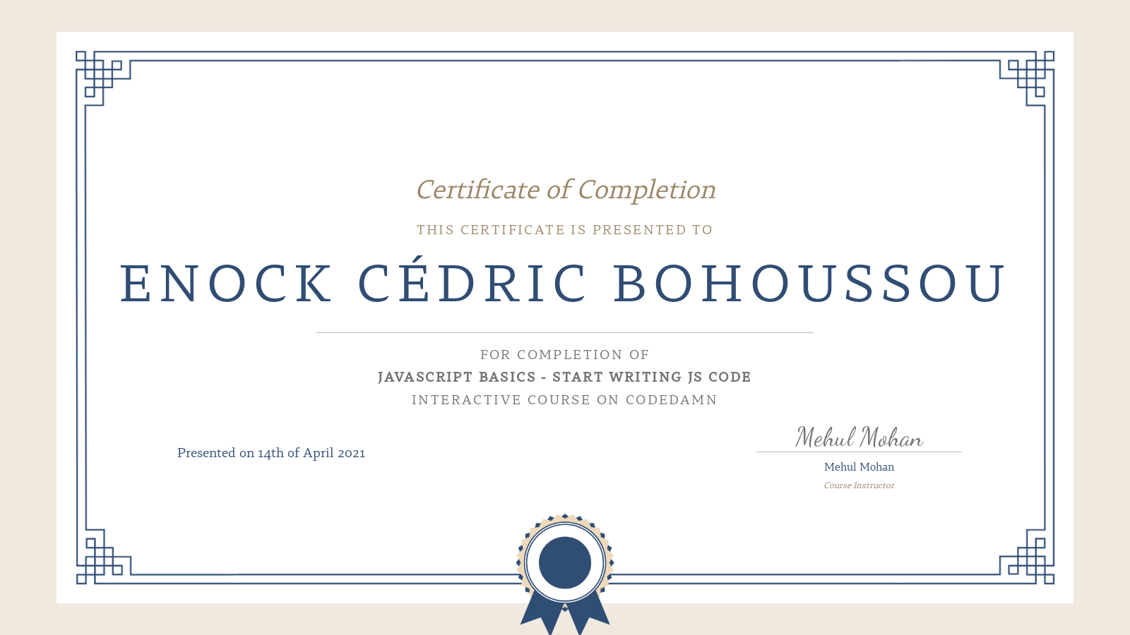 Enock Cédric Bohoussous Certification For Learn Javascript Basics Codedamn 3511