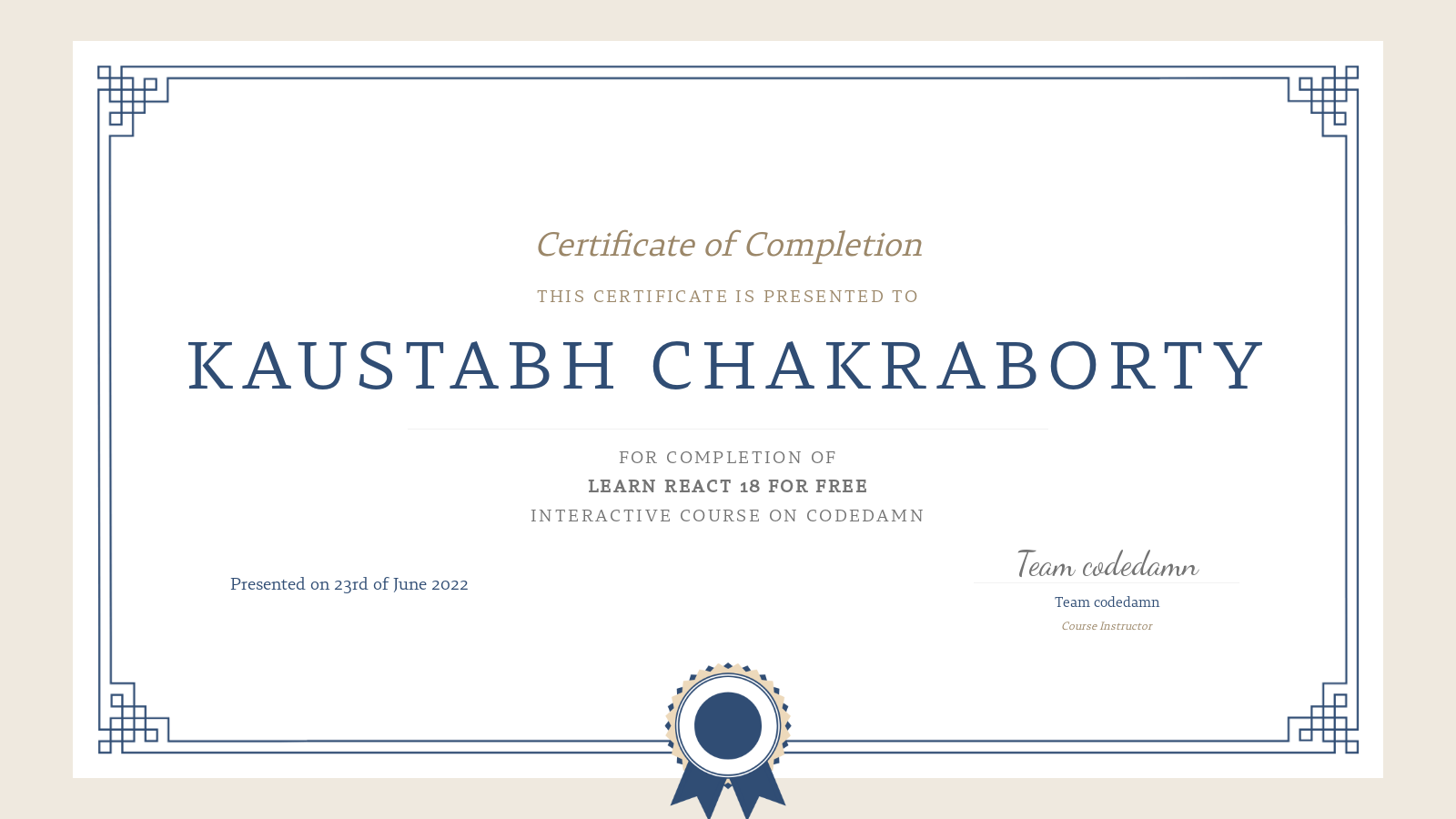 Kaustabh Chakraborty's certification for Learn React 18 for free | codedamn