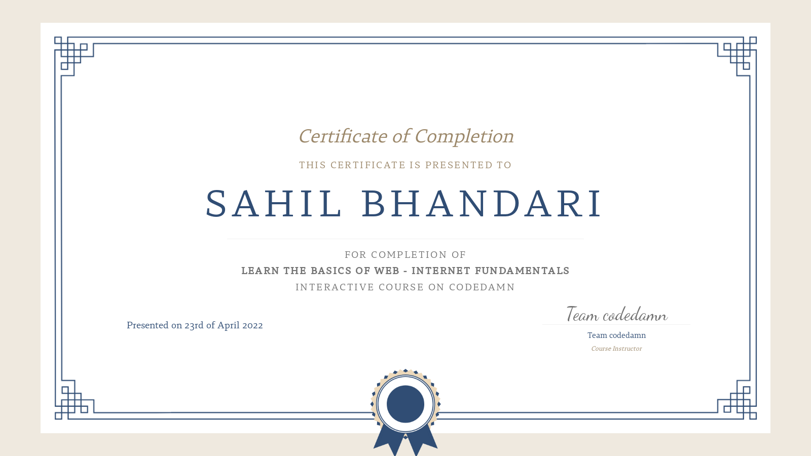 Sahil bhandari's certification for Learn the basics of web - Internet fundamentals | codedamn
