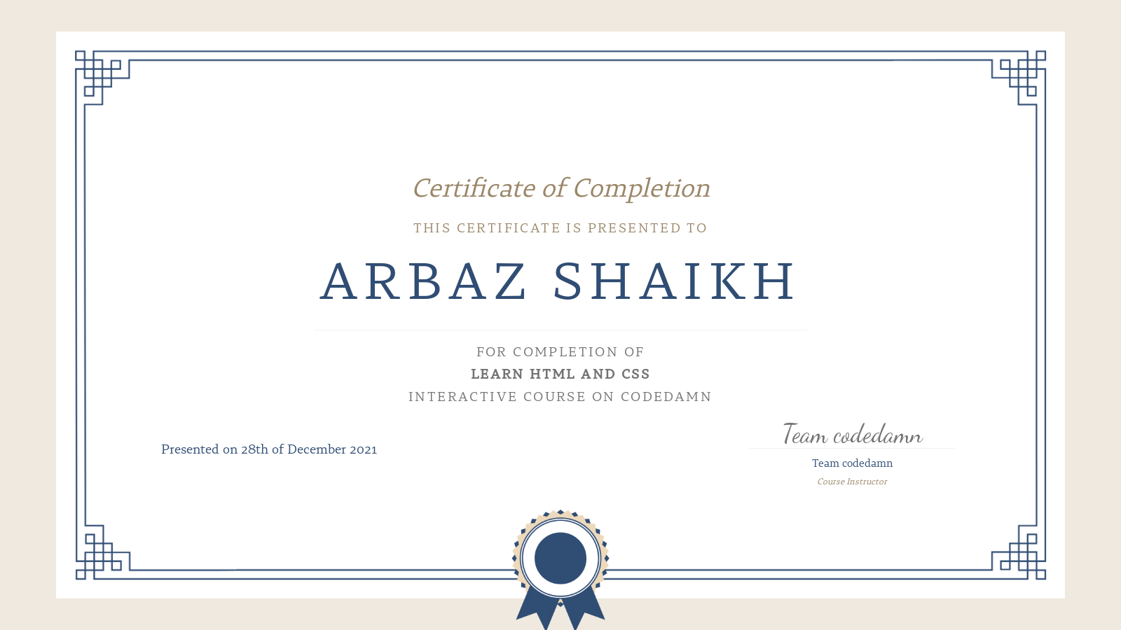 Arbaz Shaikhs Certification For Learn Html And Css 2023 Ready Codedamn 3295