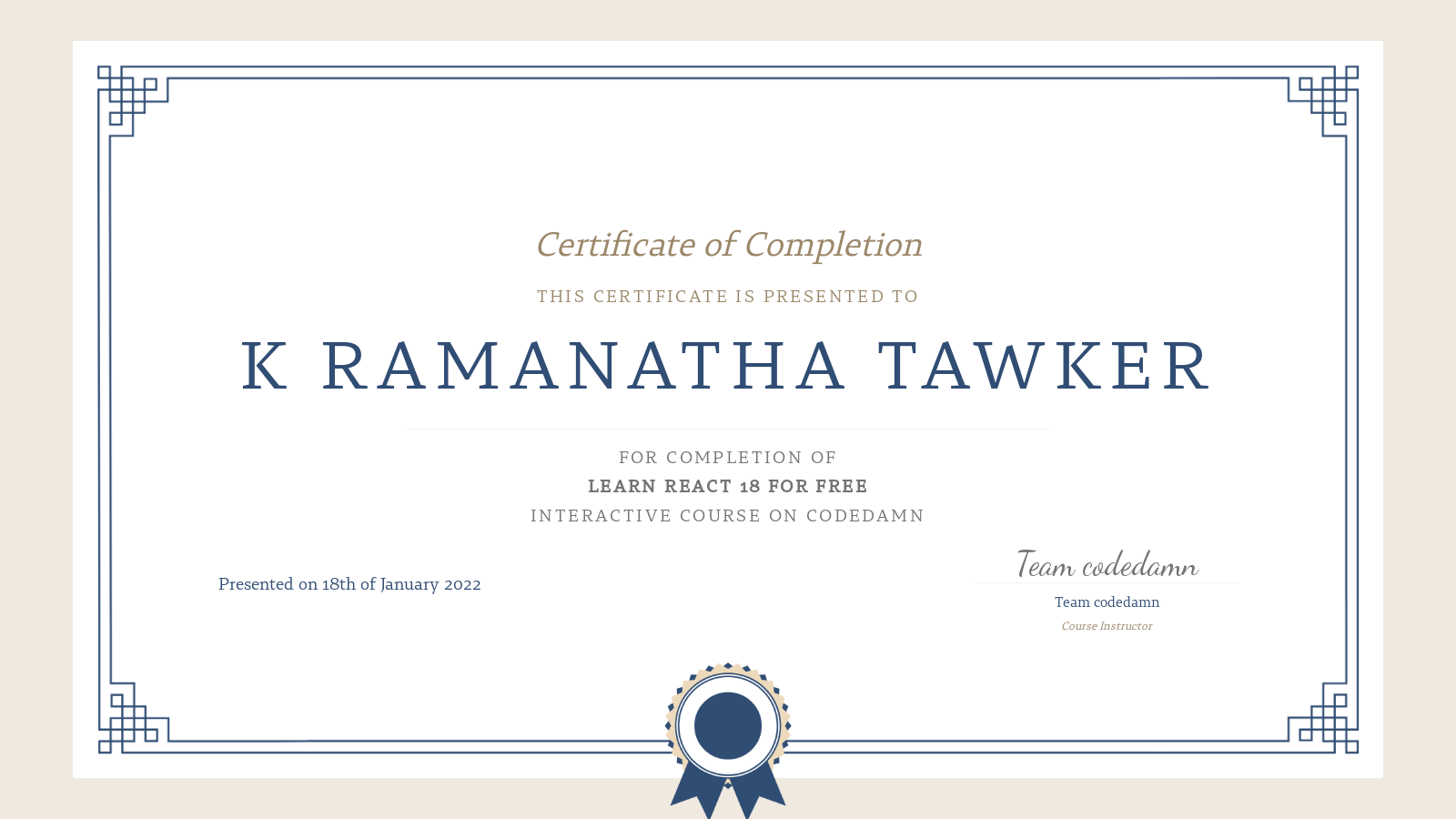 K Ramanatha Tawker's certification for Learn React 18 for free | codedamn