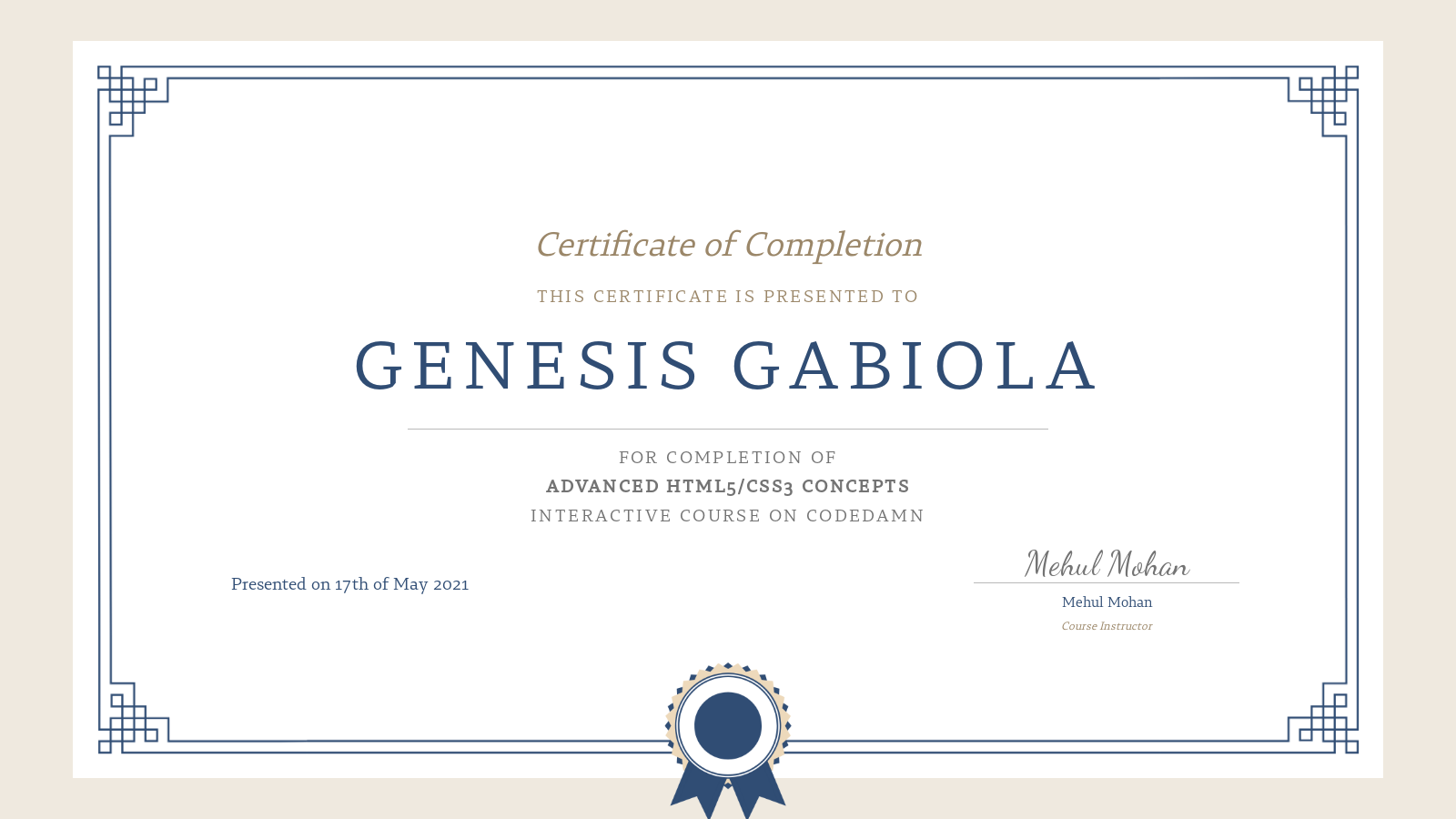 Genesis Gabiola's certification for Learn Advanced HTML and CSS Concepts [Updated - 2023] | codedamn