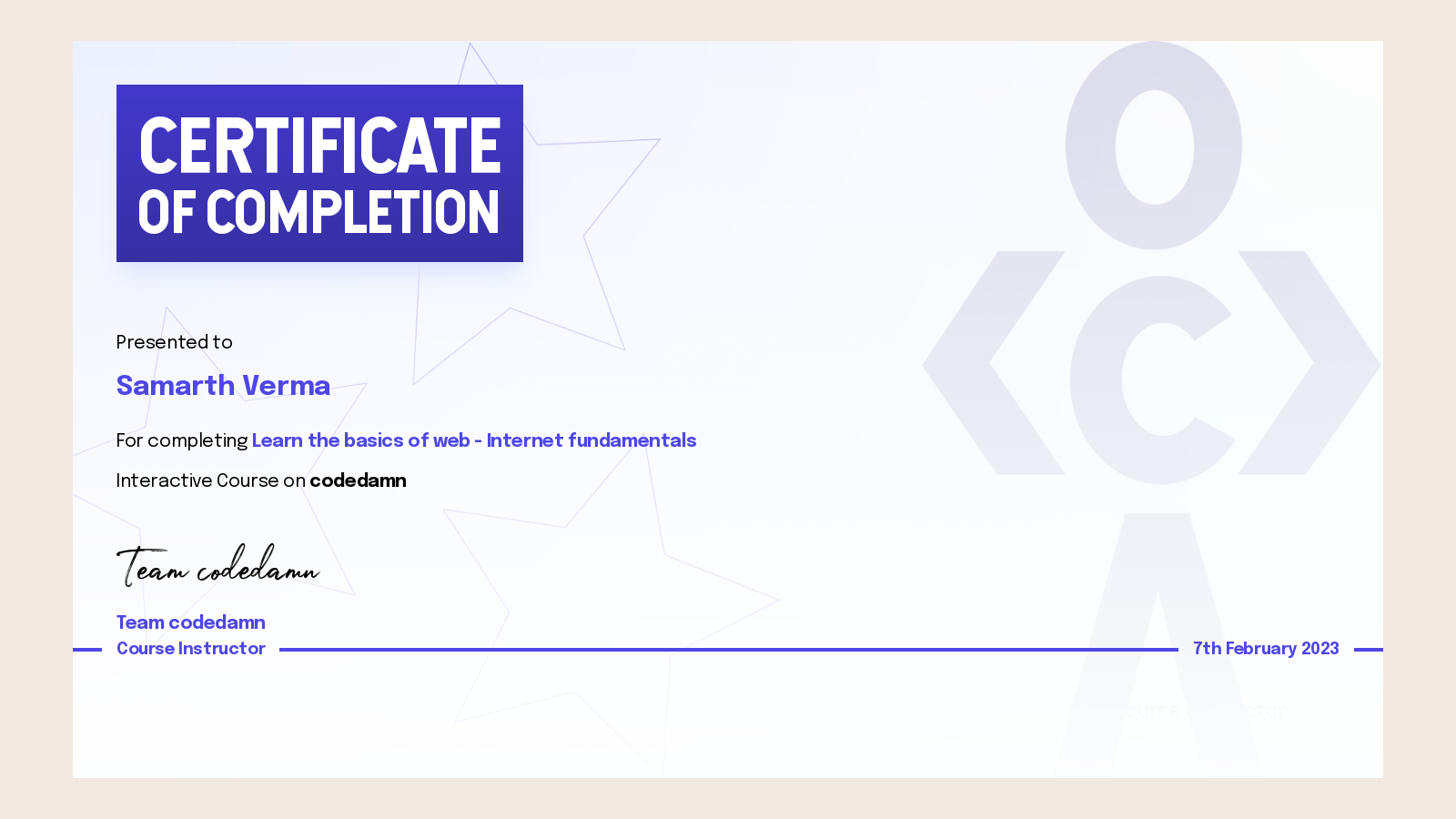 Samarth Verma's certification for Learn the basics of web - Internet fundamentals | codedamn