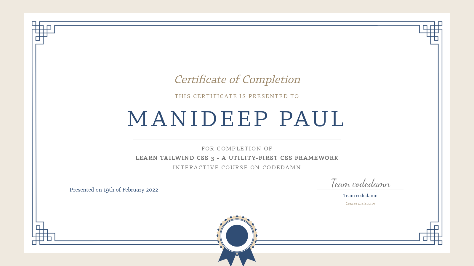 Manideep Paul's certification for Learn Tailwind CSS 3 - A utility-first CSS framework | codedamn