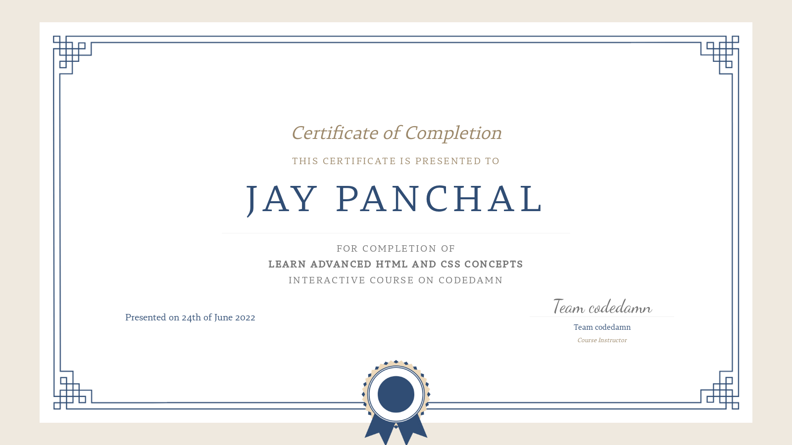 Jay Panchal S Certification For Learn Advanced Html And Css Concepts [updated 2023] Codedamn