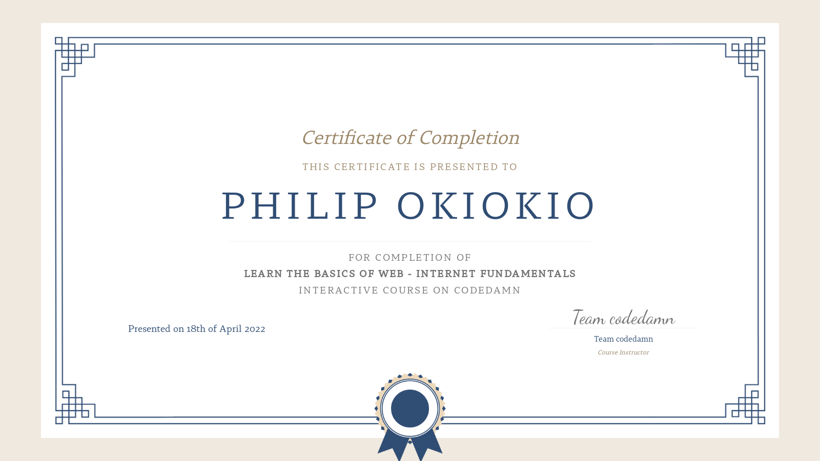 Philip Okiokio's certification for Learn the basics of web - Internet fundamentals | codedamn