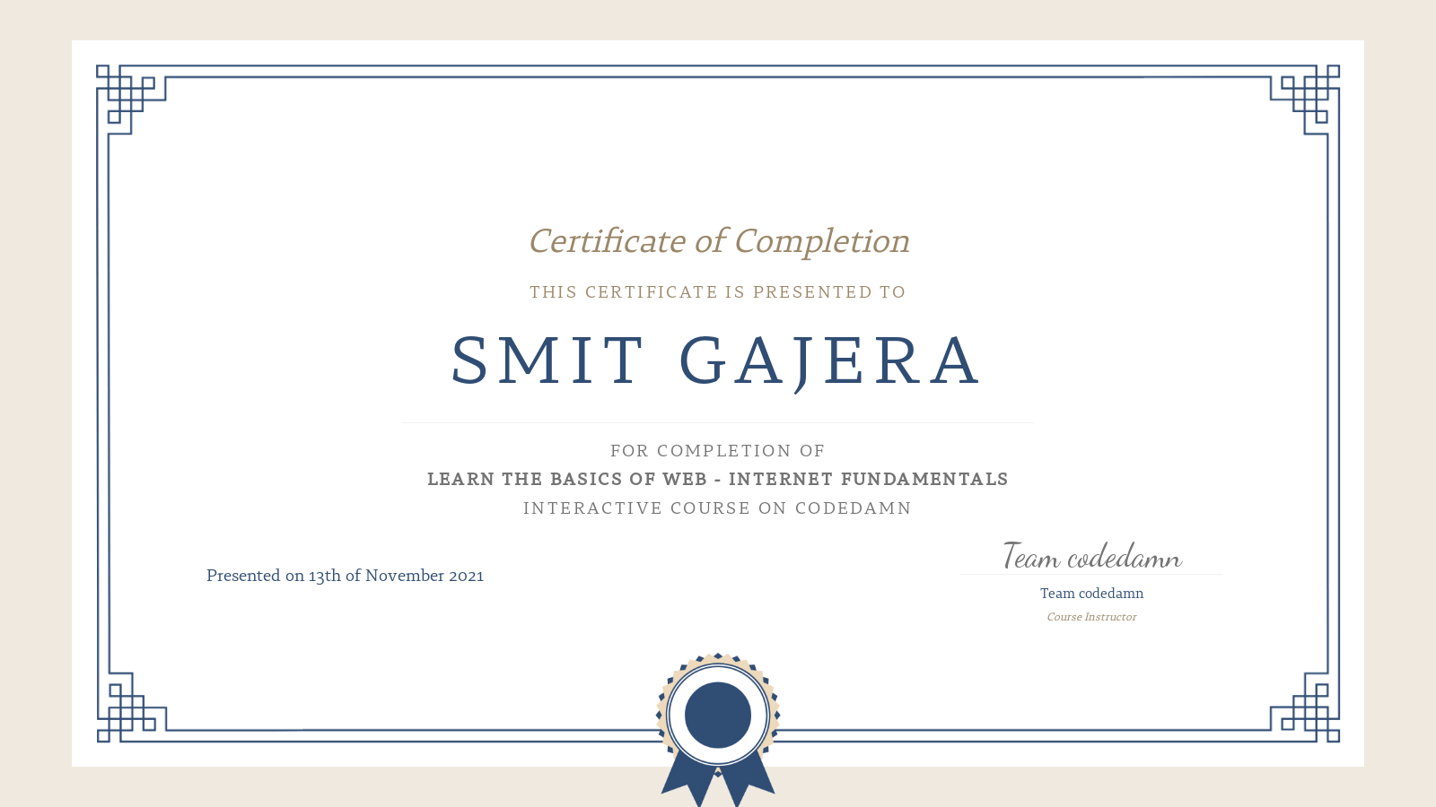 Smit Gajera's certification for Learn the basics of web - Internet fundamentals | codedamn