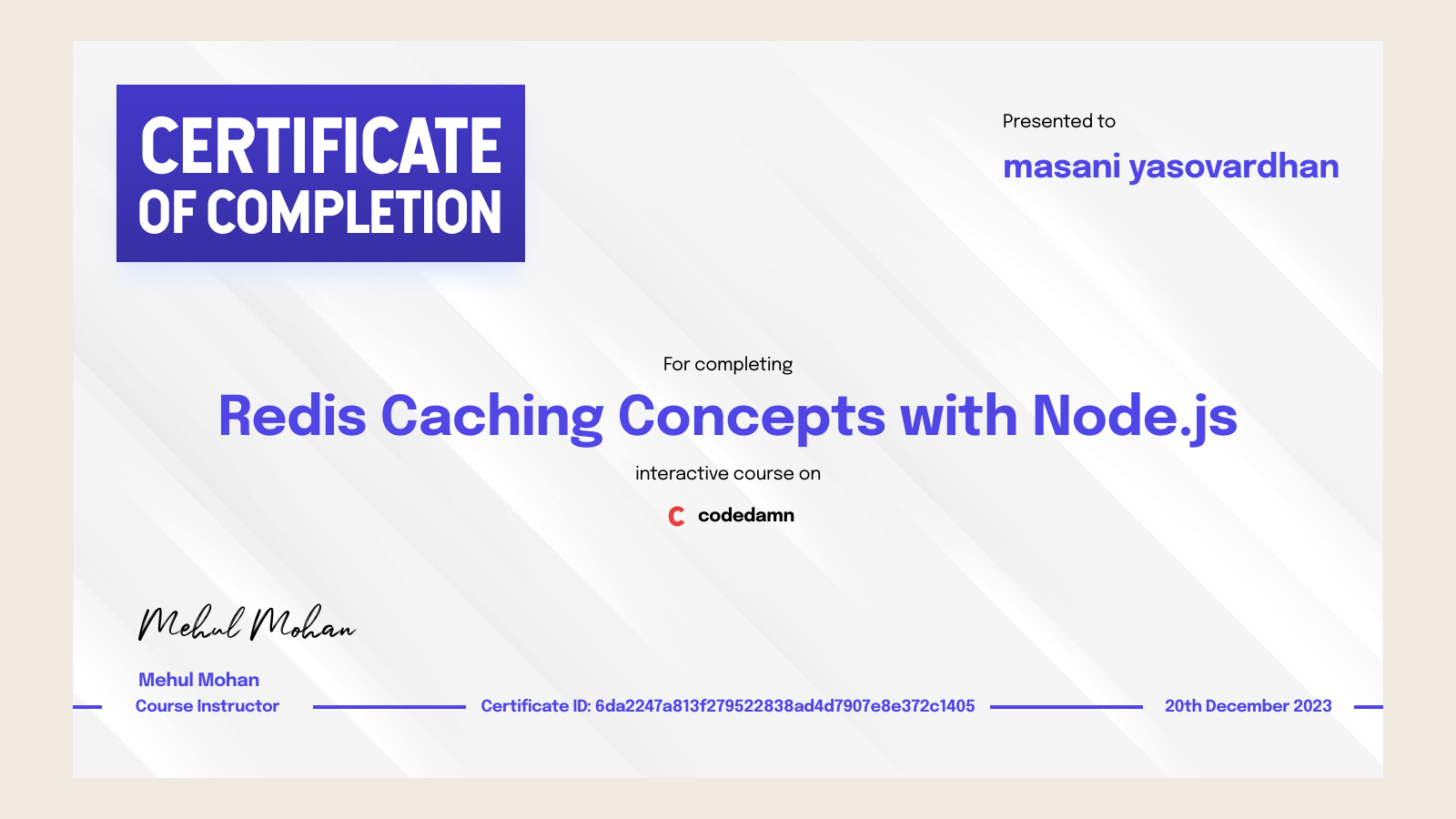 masani yasovardhan's certification for Redis Caching Concepts with Node.js | codedamn