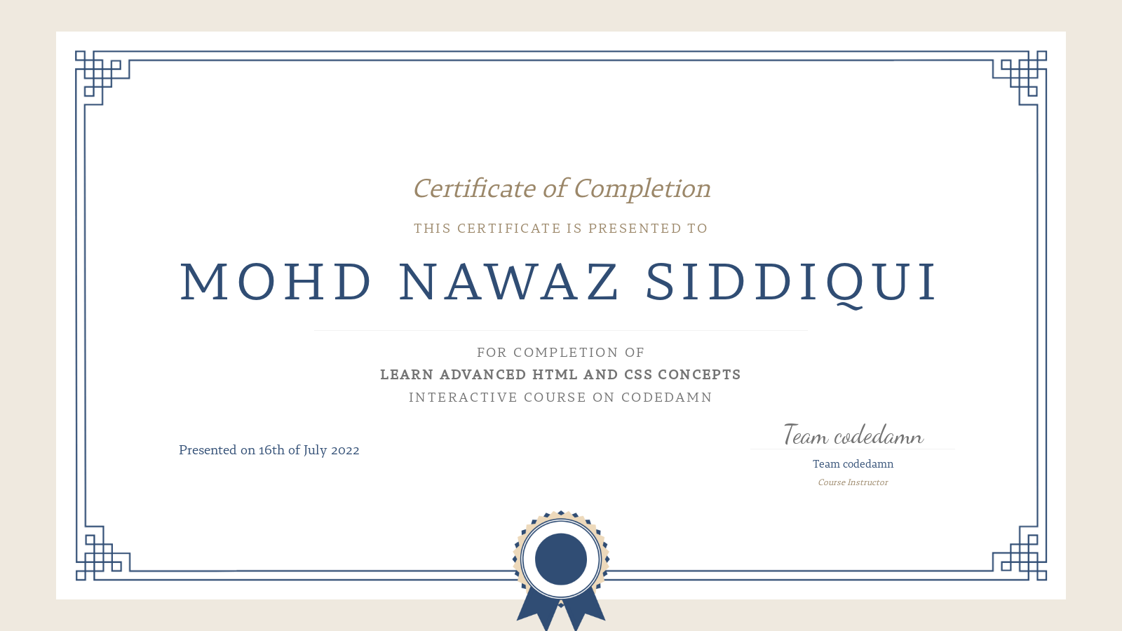 Mohd Nawaz Siddiquis Certification For Learn Advanced Html And Css Concepts Updated 2023 