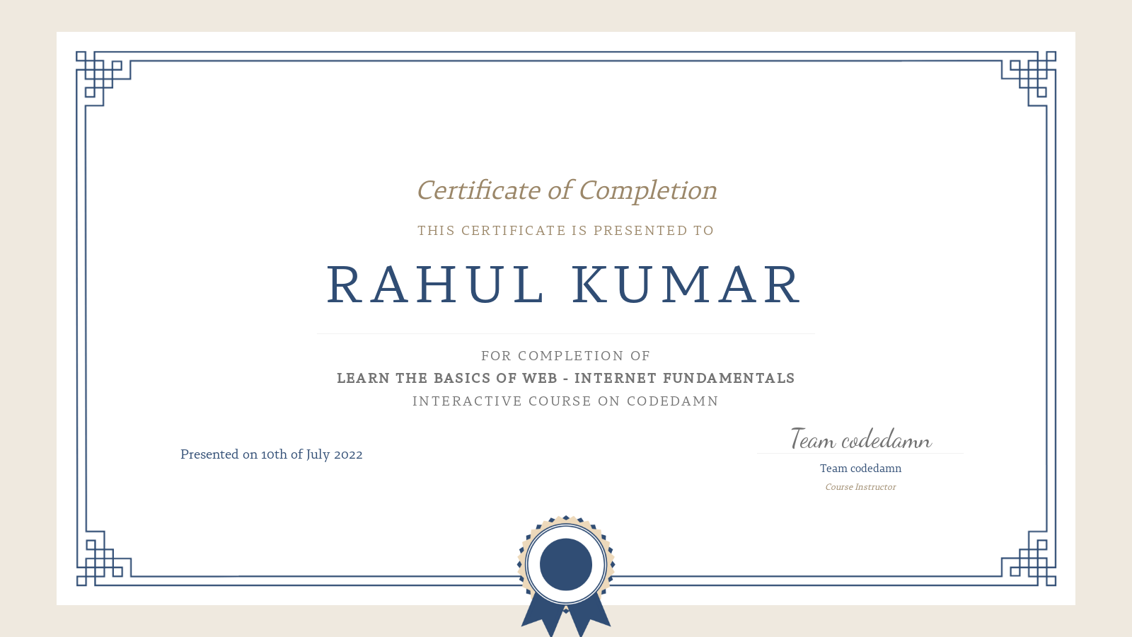 Rahul Kumars Certification For Learn The Basics Of Web Internet Fundamentals Codedamn