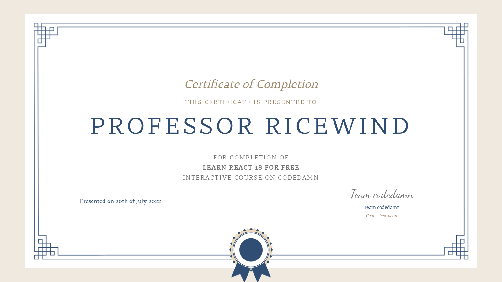 Professor Ricewind's certification for Learn React 18 for free | codedamn