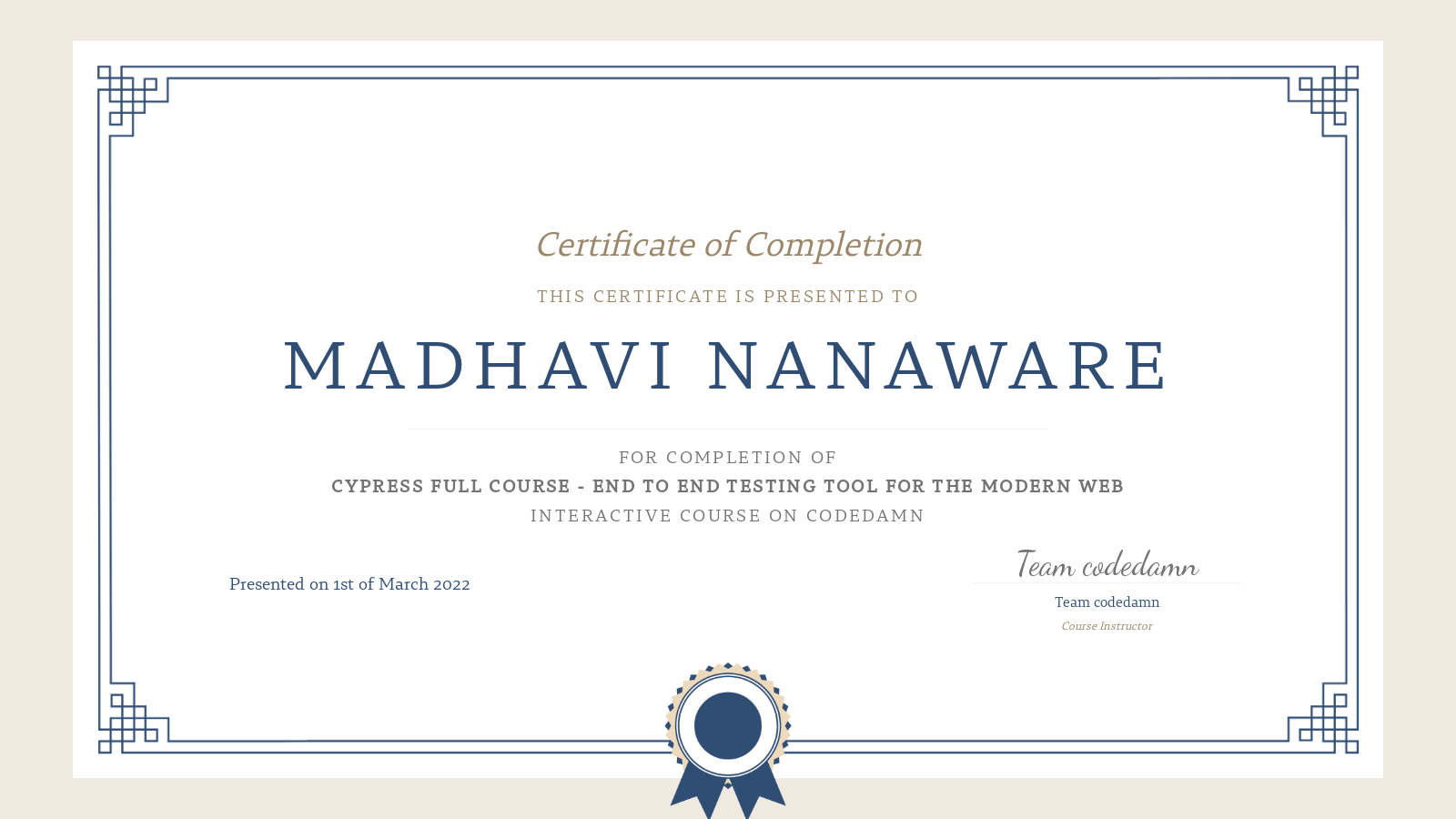 Madhavi Nanaware S Certification For Cypress Full Course End To End Testing Tool For The