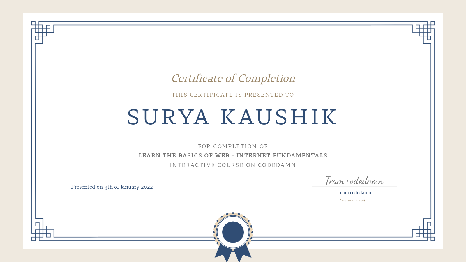 Surya Kaushik's certification for Learn the basics of web - Internet fundamentals | codedamn