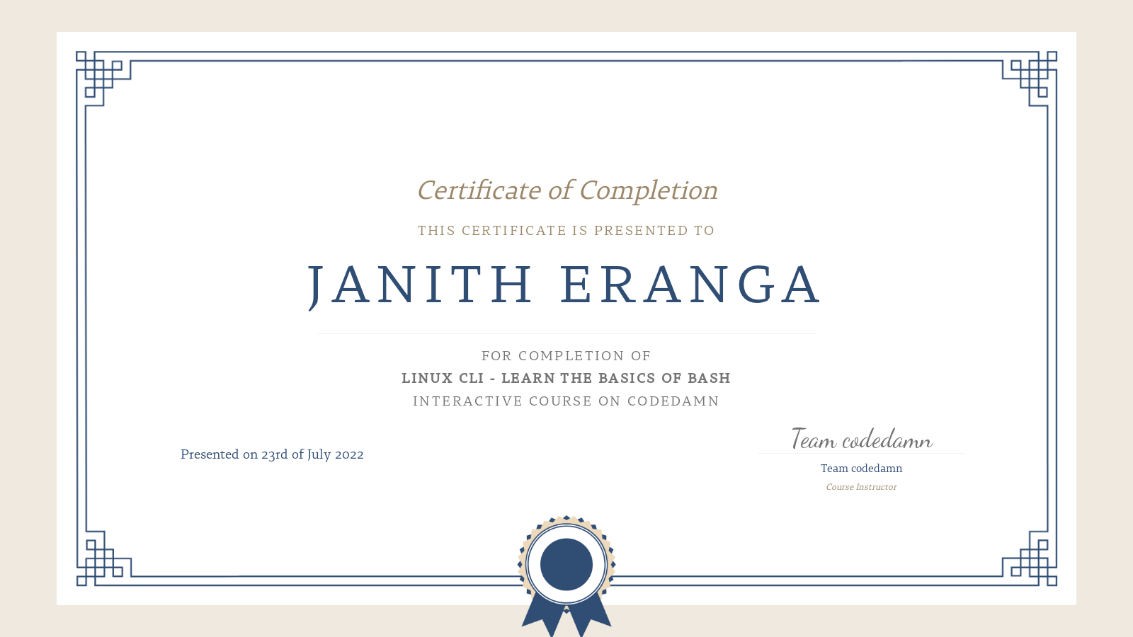 Janith Eranga's certification for Linux CLI - Learn the basics of bash | codedamn