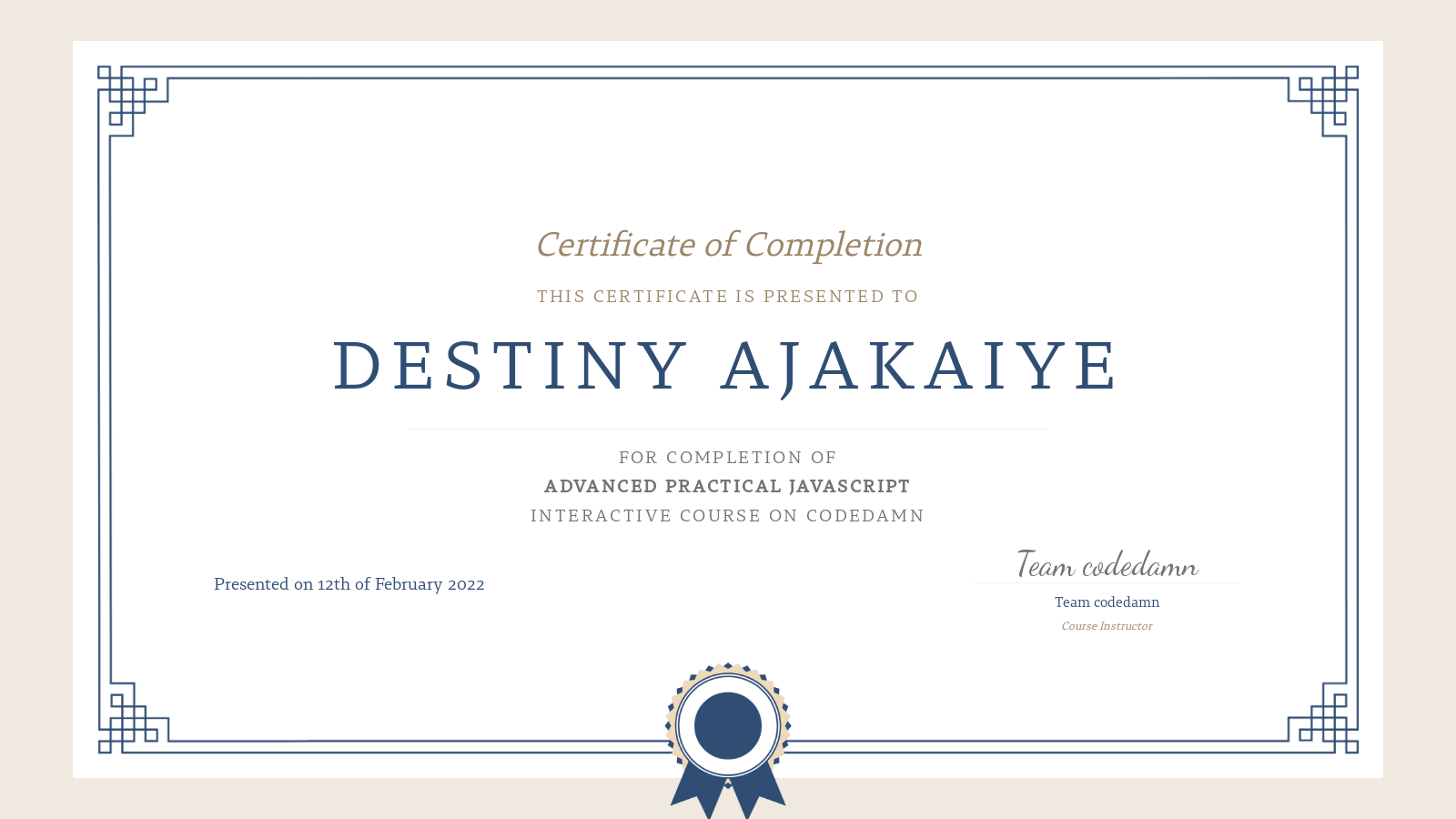 Destiny Ajakaiyes Certification For Advanced Practical Javascript Codedamn 6770