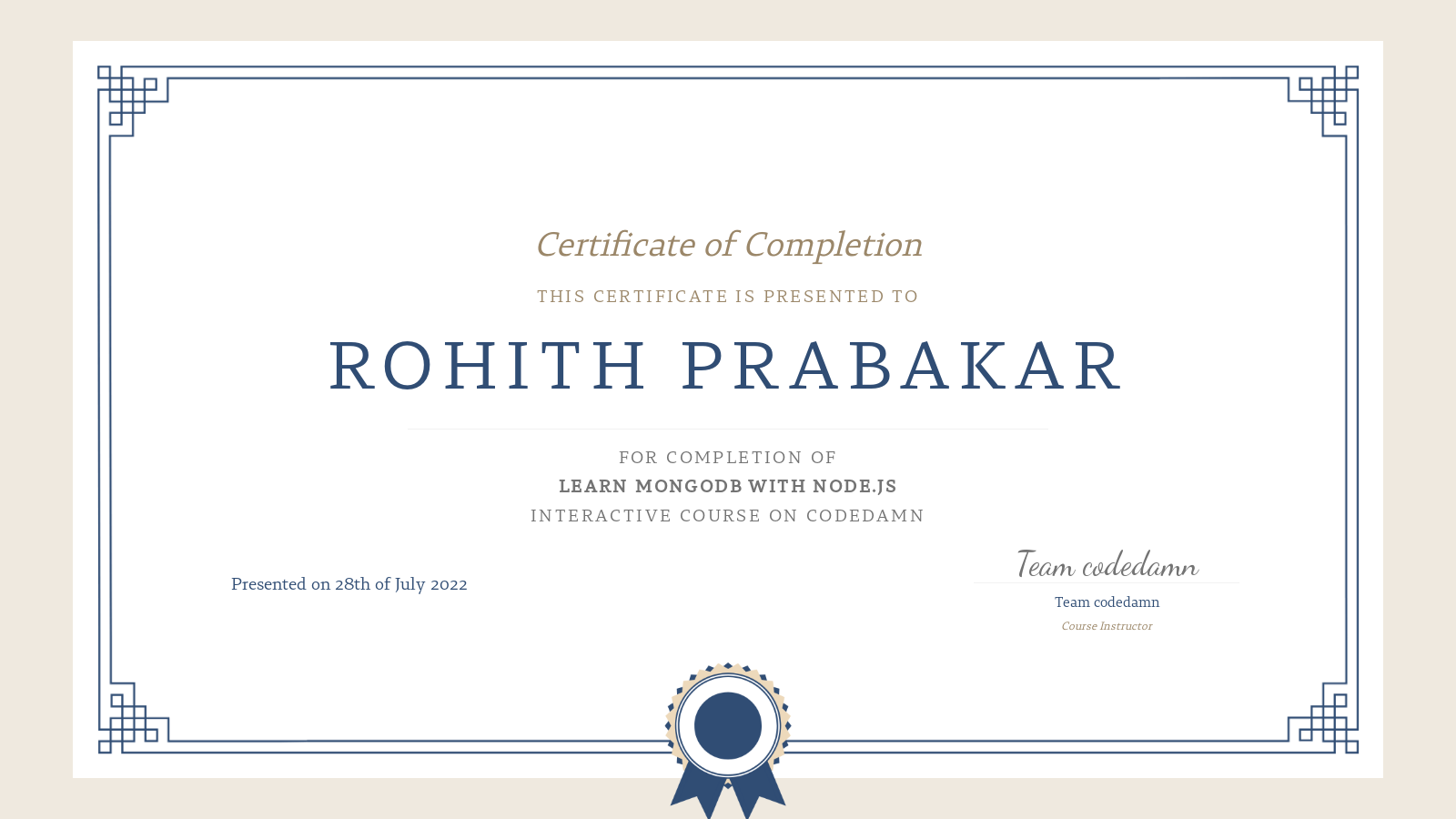 Rohith Prabakar's certification for Learn MongoDB with Node.js | codedamn