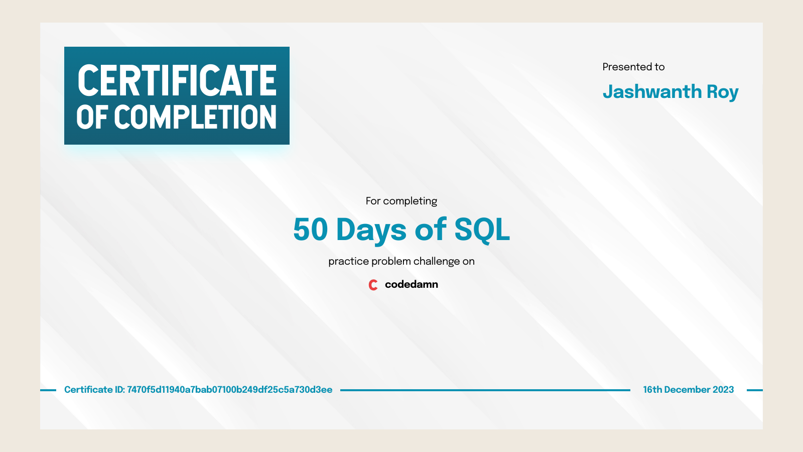 Jashwanth Roy's certification for 50 Days of SQL | codedamn