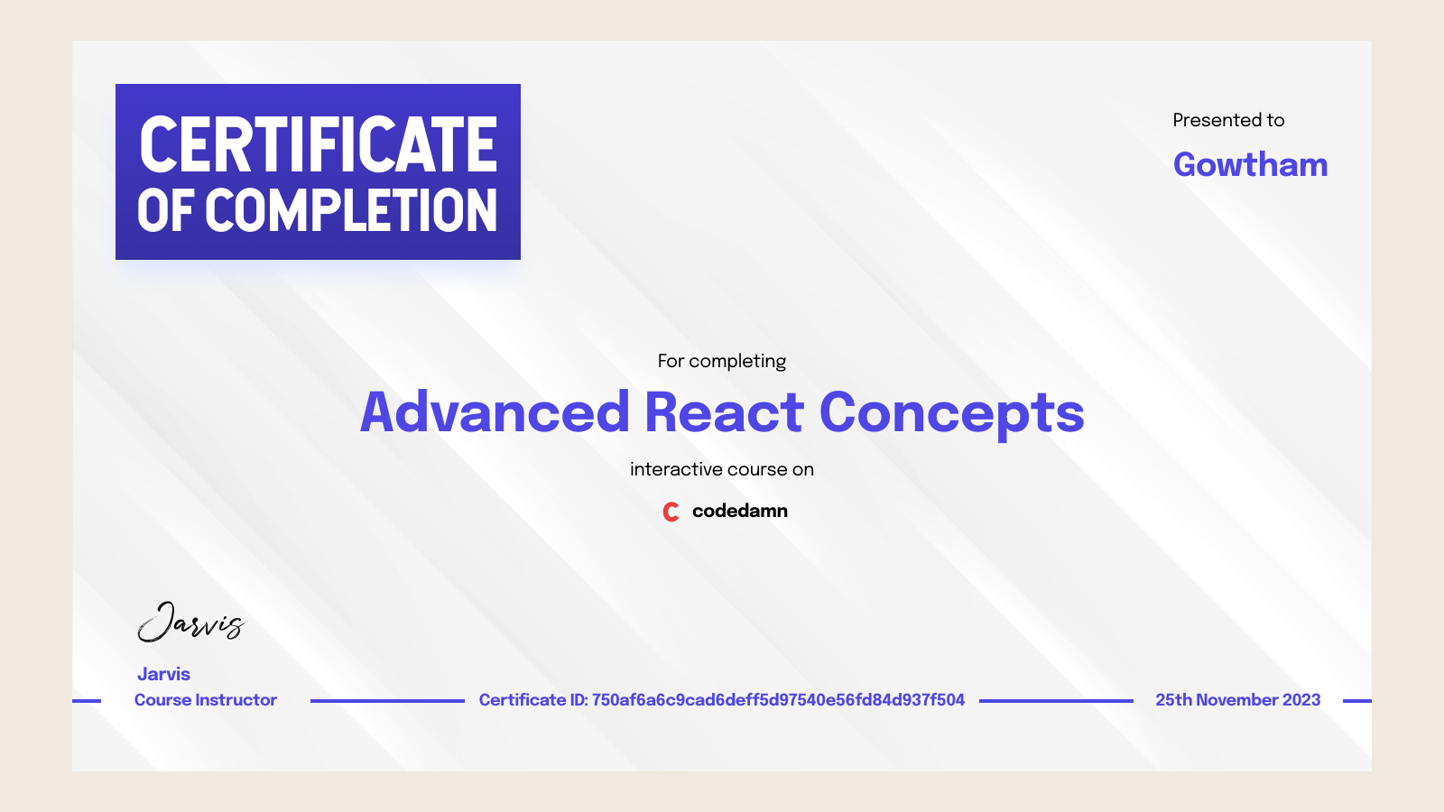 Gowtham 's certification for Advanced React Concepts | codedamn