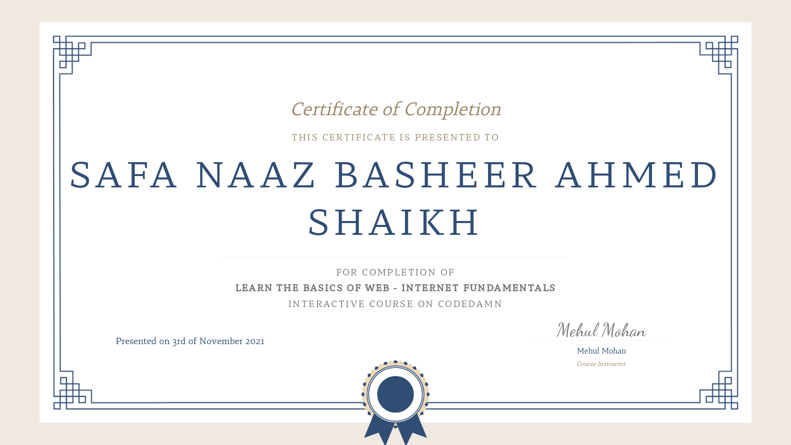 Safa Naaz Basheer Ahmed Shaikh's certification for Learn the basics of web - Internet ...