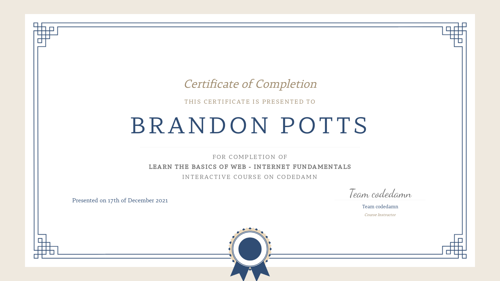 Brandon Pottss Certification For Learn The Basics Of Web Internet Fundamentals Codedamn 9424