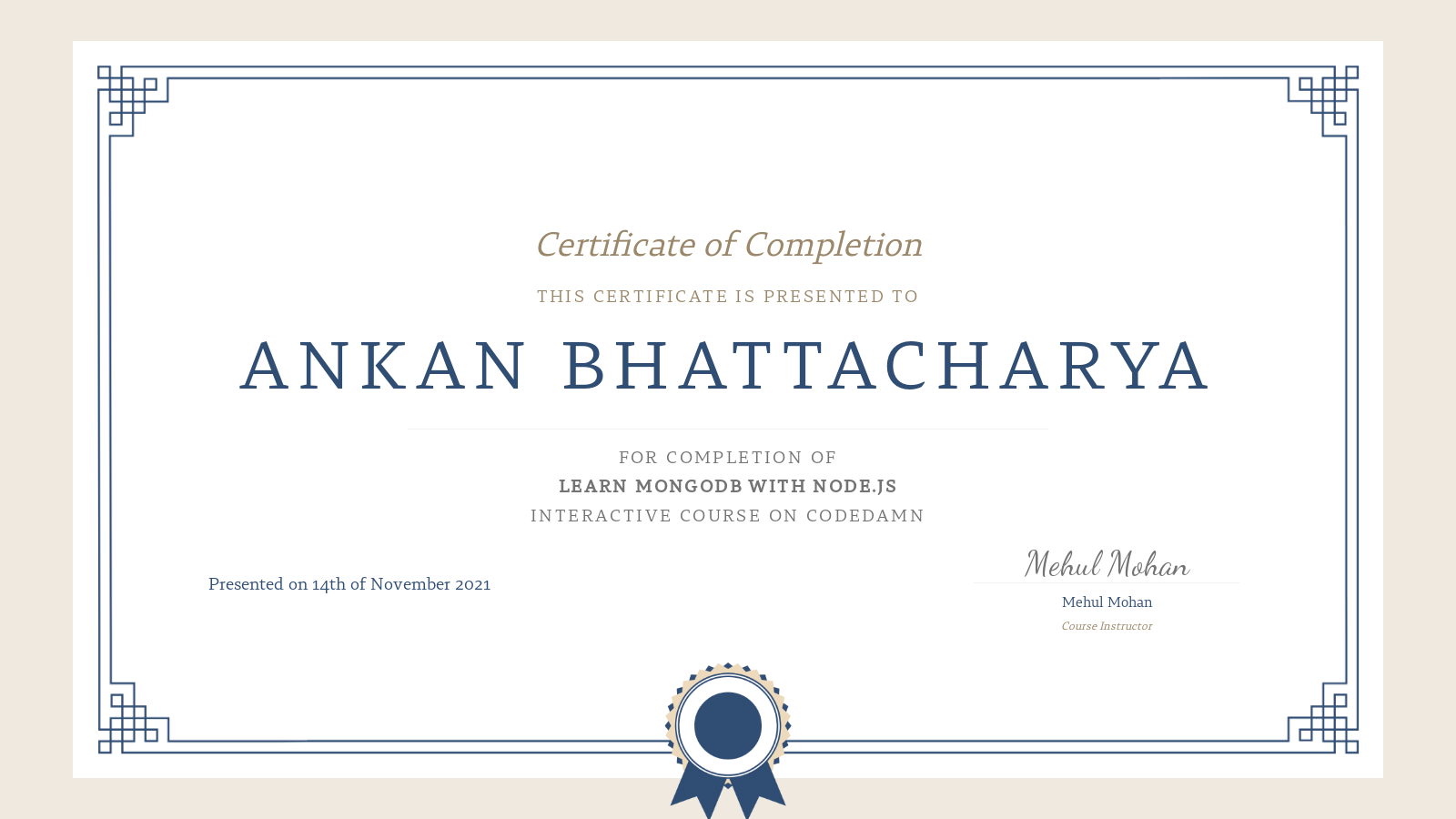 Ankan Bhattacharya's certification for Learn MongoDB with Node.js ...