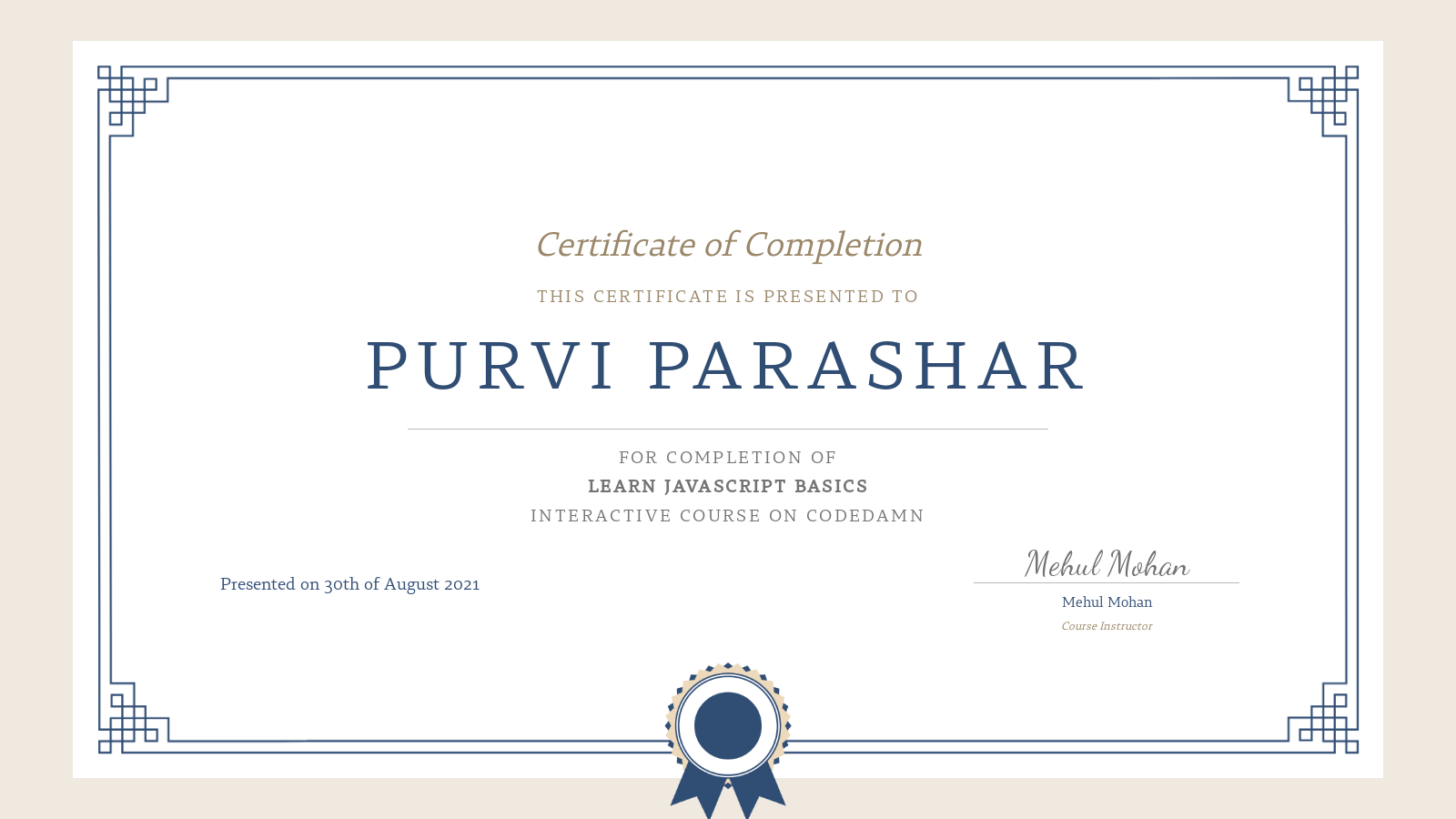 Purvi Parashars Certification For Learn Javascript Basics Codedamn 9640