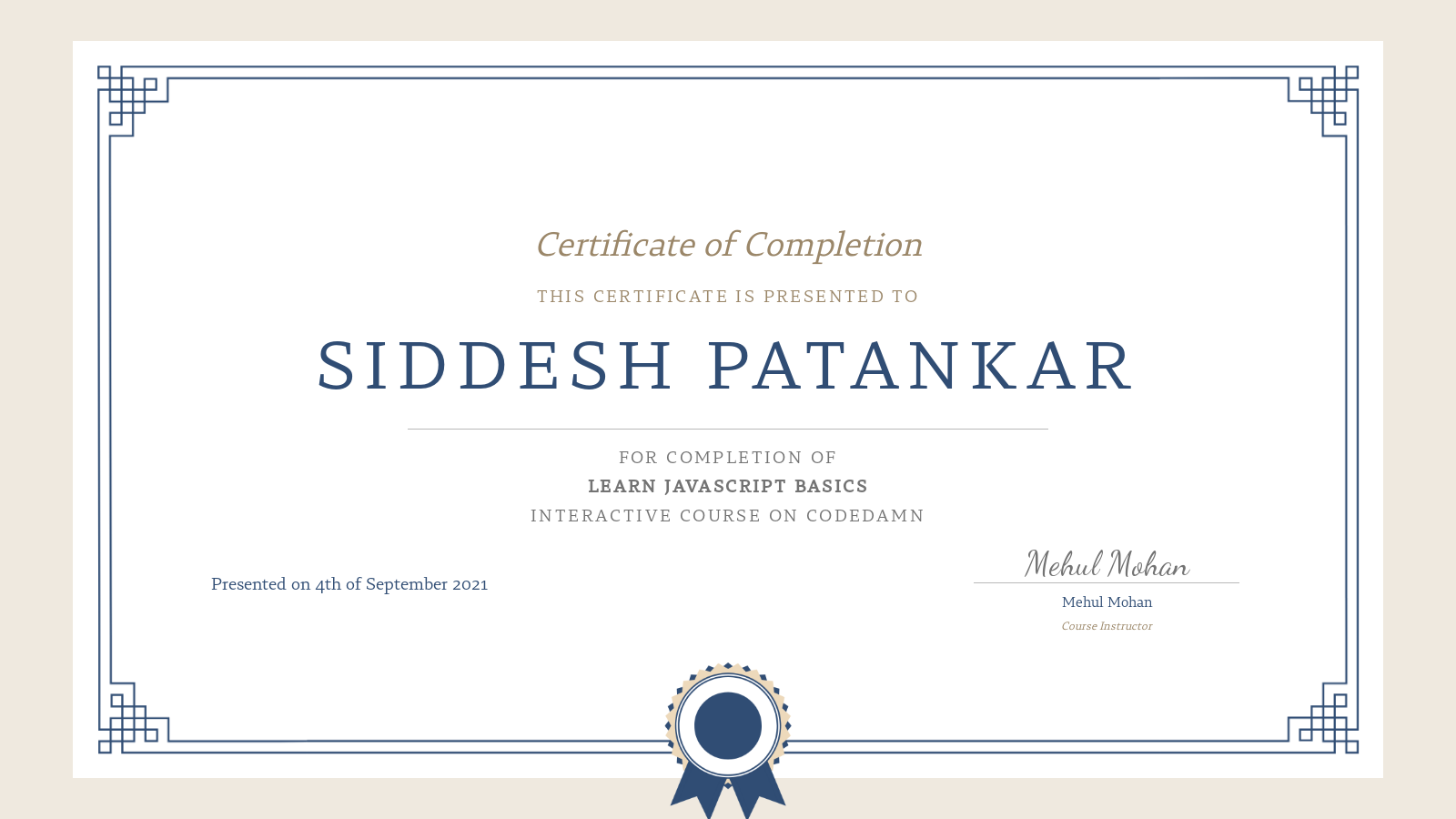 Siddesh Patankar's certification for Learn JavaScript Basics | codedamn