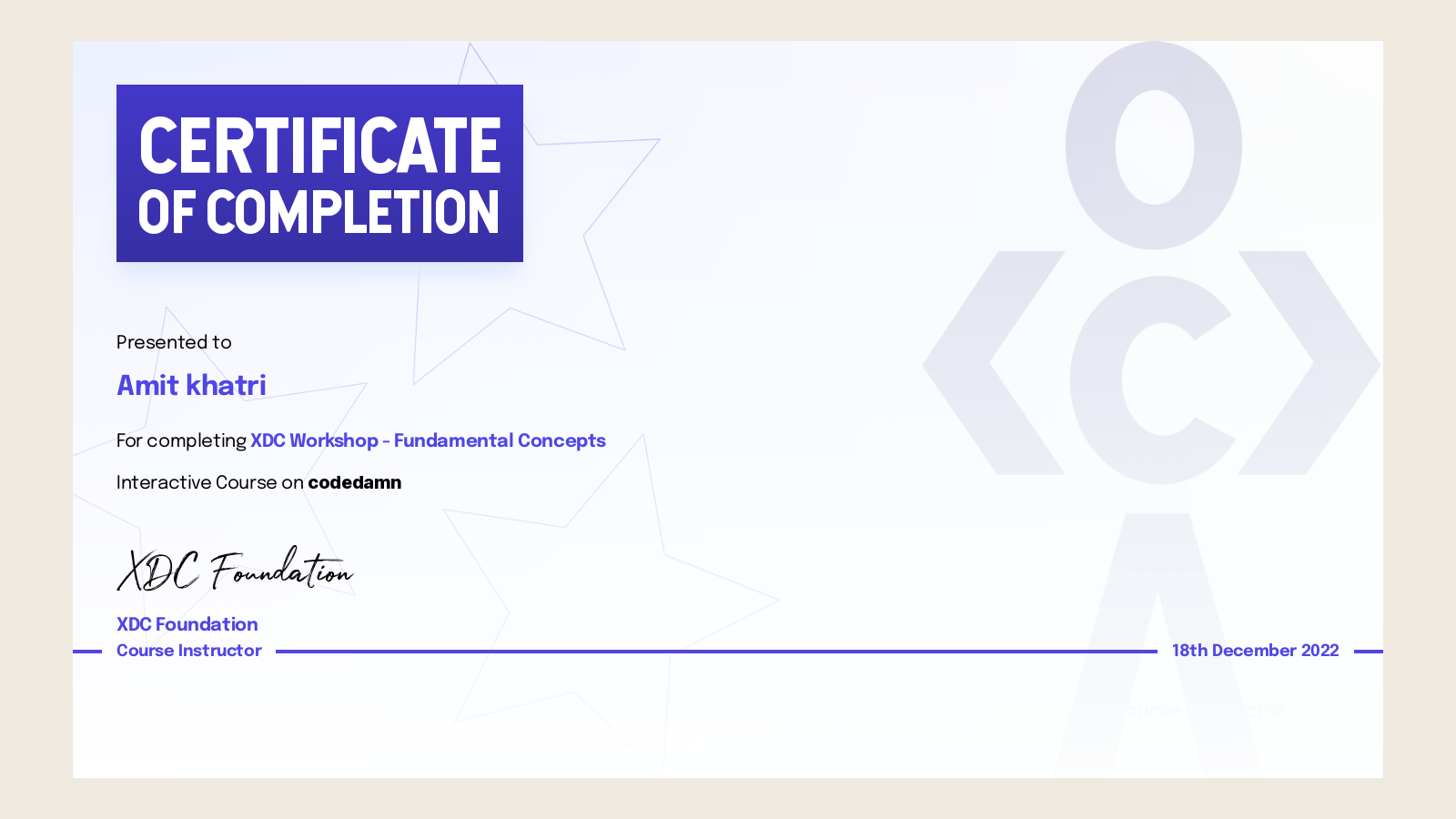 Amit(Raju) Khatri's certification for XDC Workshop - Fundamental Concepts | codedamn