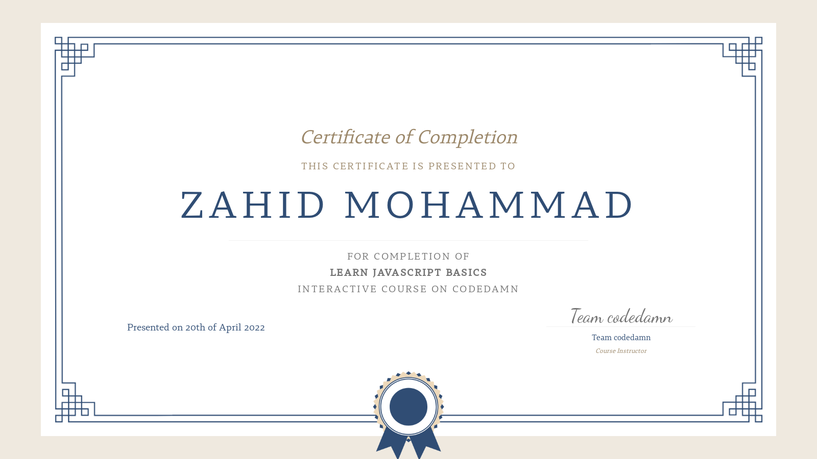 Zahid Mohammads Certification For Learn Javascript Basics Codedamn 5399