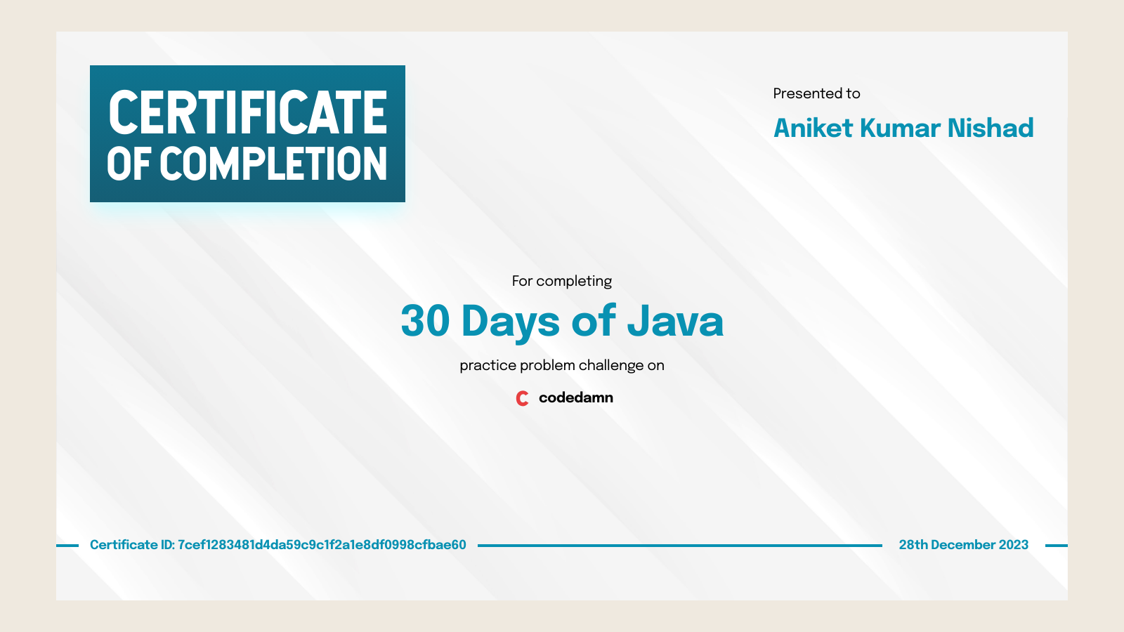 Aniket Kumar Nishad's certification for 30 Days of Java | codedamn