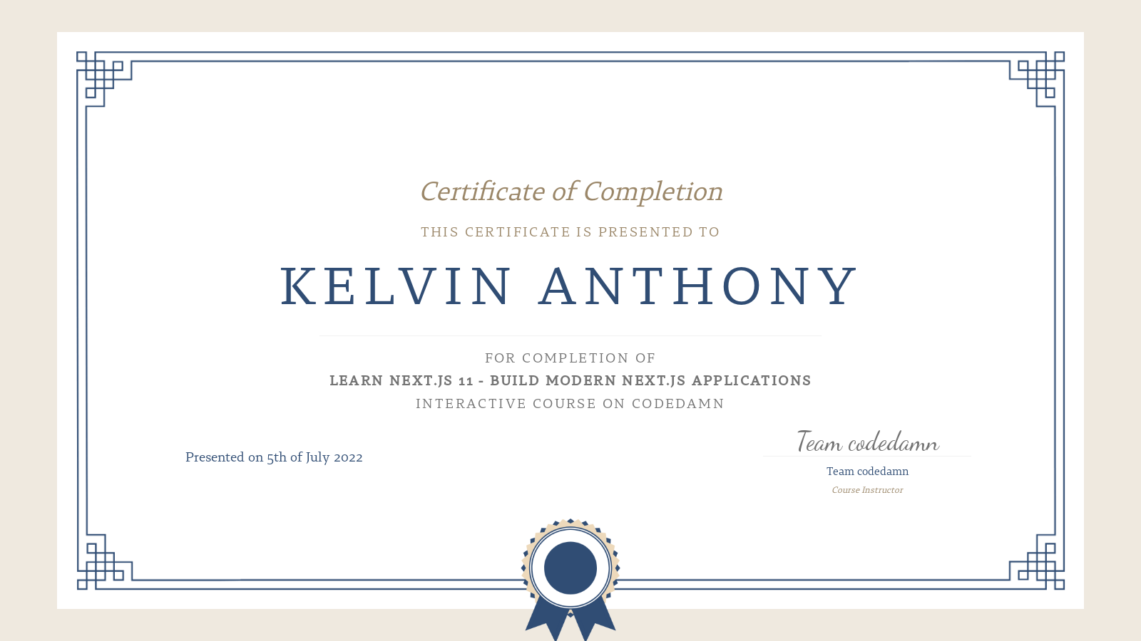Kelvin Anthony's certification for Learn Next.js 11 - Build Modern Next.js Applications | codedamn