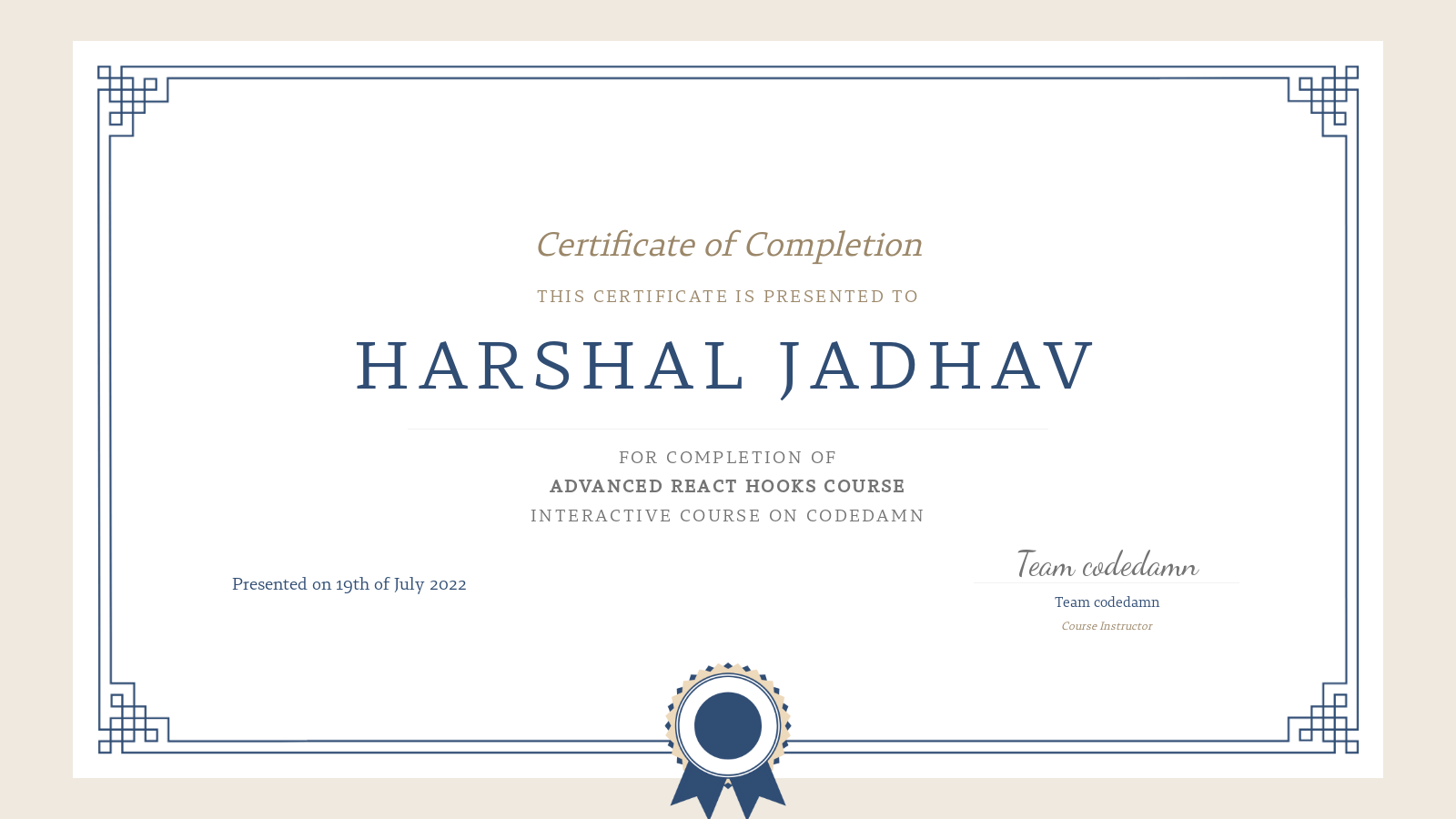 Harshal Jadhav's certification for Advanced React Hooks Course | codedamn