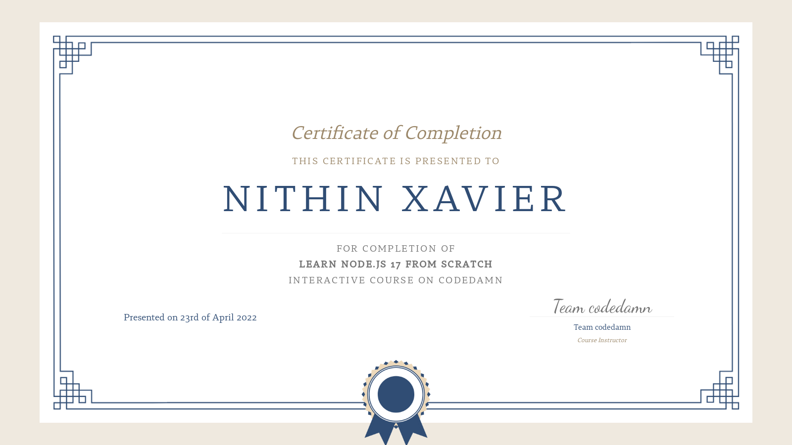 Nithin Xaviers Certification For Learn Nodejs From Scratch Codedamn