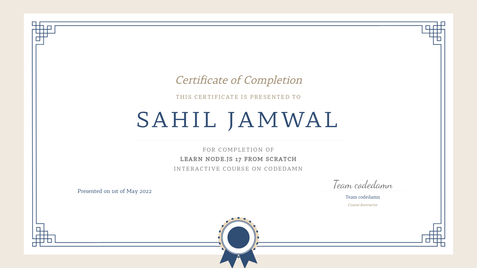 Sahil Jamwal's certification for Learn Node.js From Scratch | codedamn